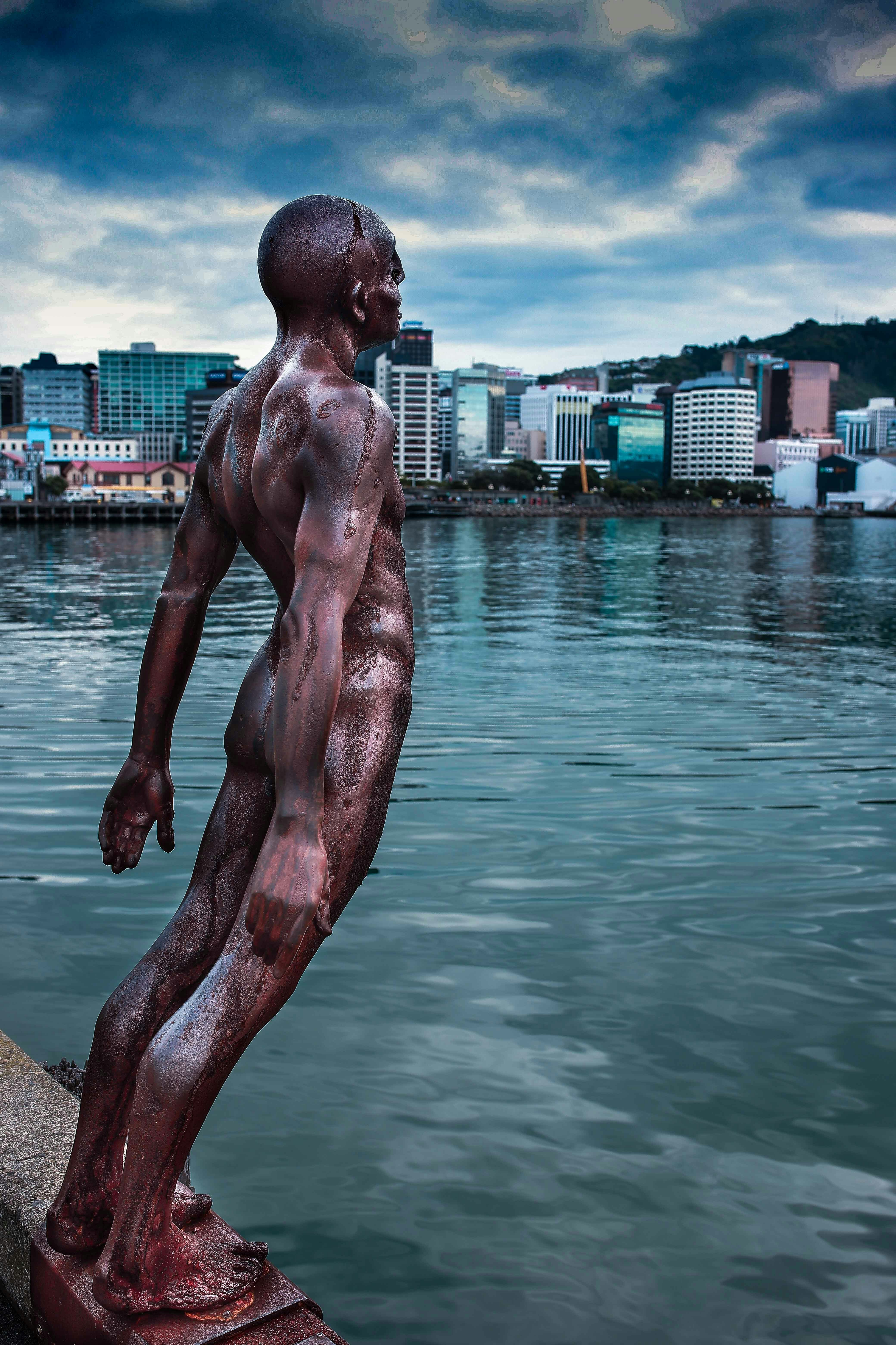 Wellington harbour on a cloudy day | a statue of a man standing next to a body of water