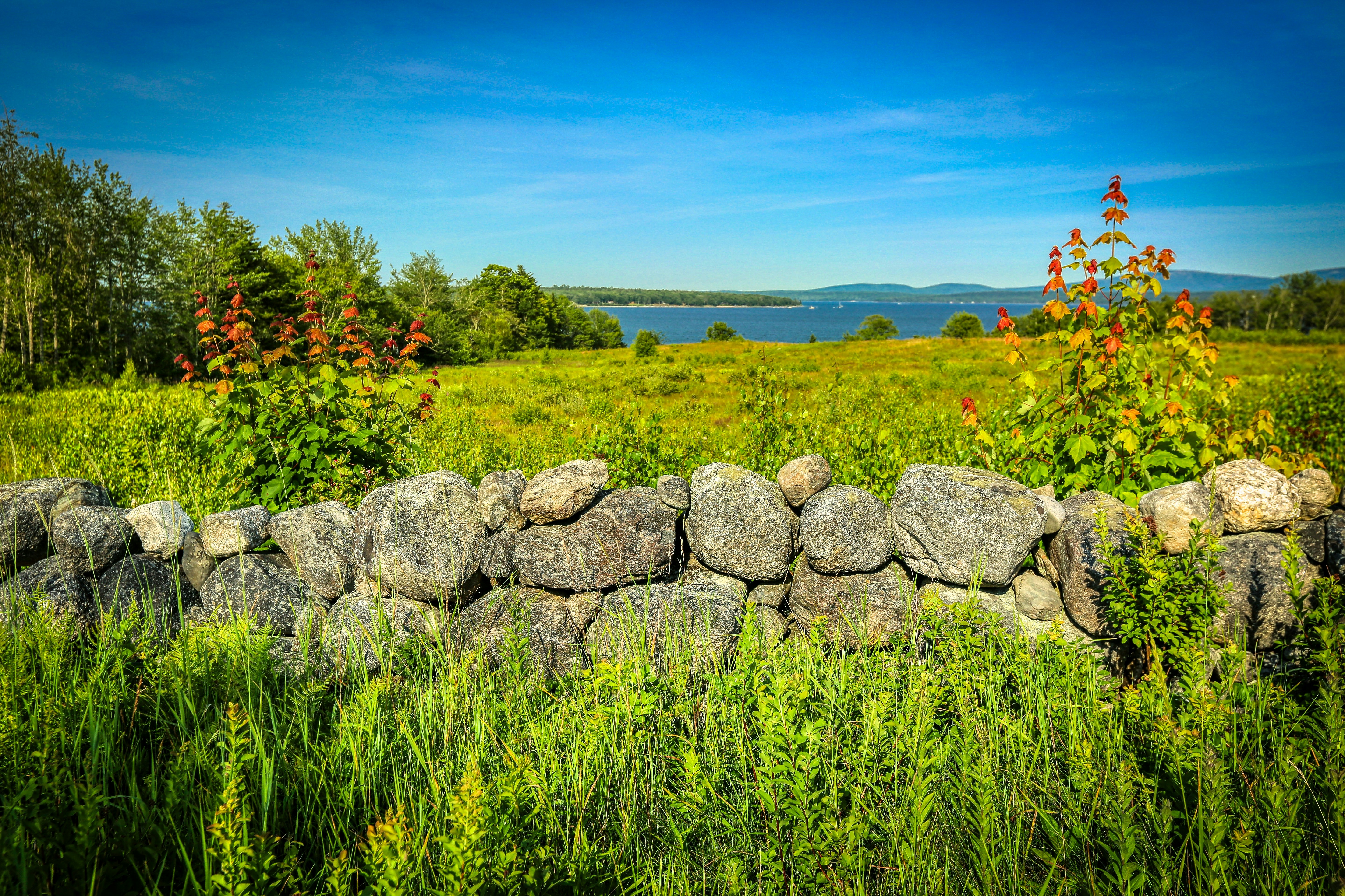 Stone wall bordering a lush field with distant mountains and a tranquil lake under a clear blue sky.