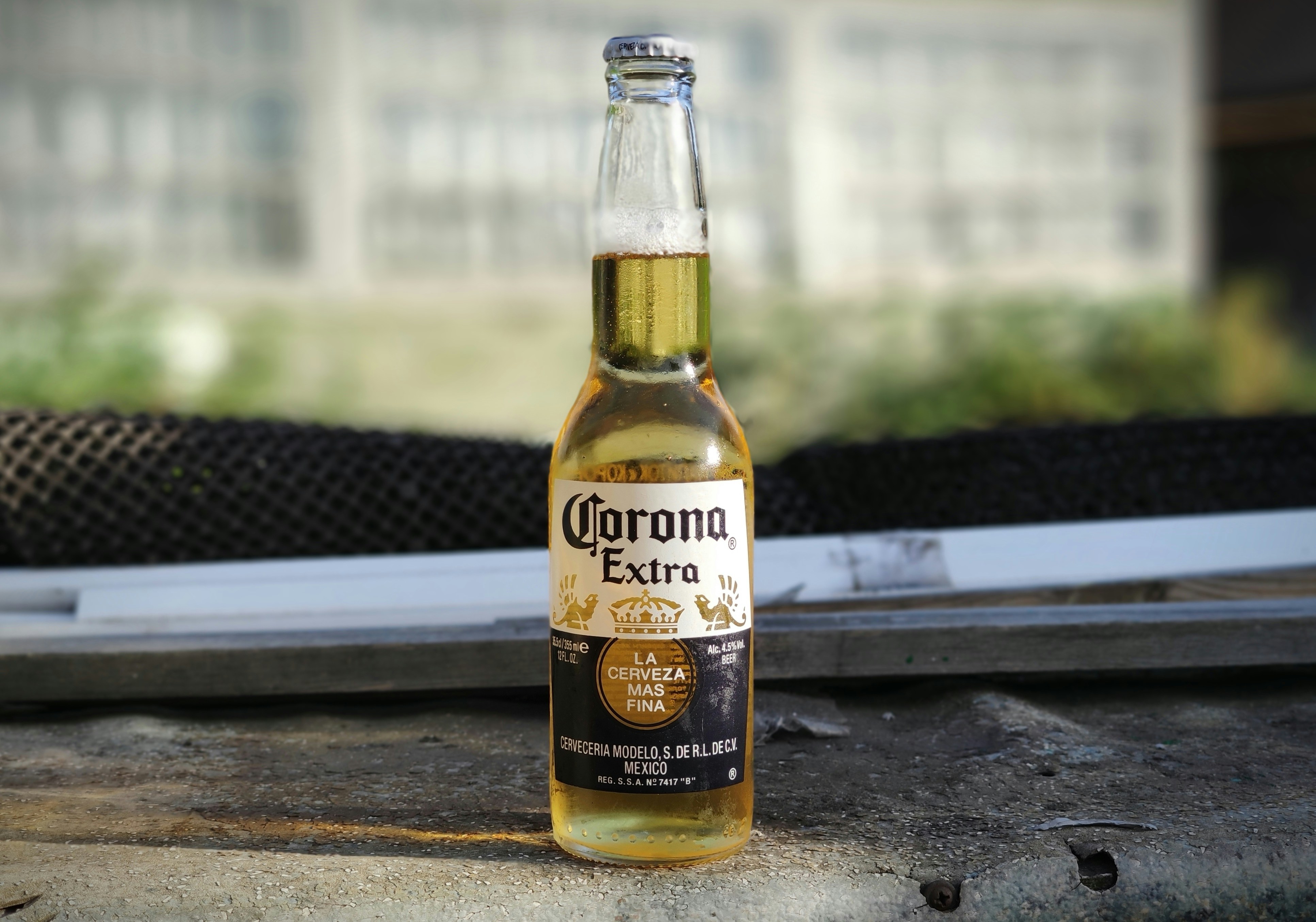 Glass bottle of Corona Extra rests on a weathered metal surface, with a shallow depth of field rendering a blurred cityscape behind.