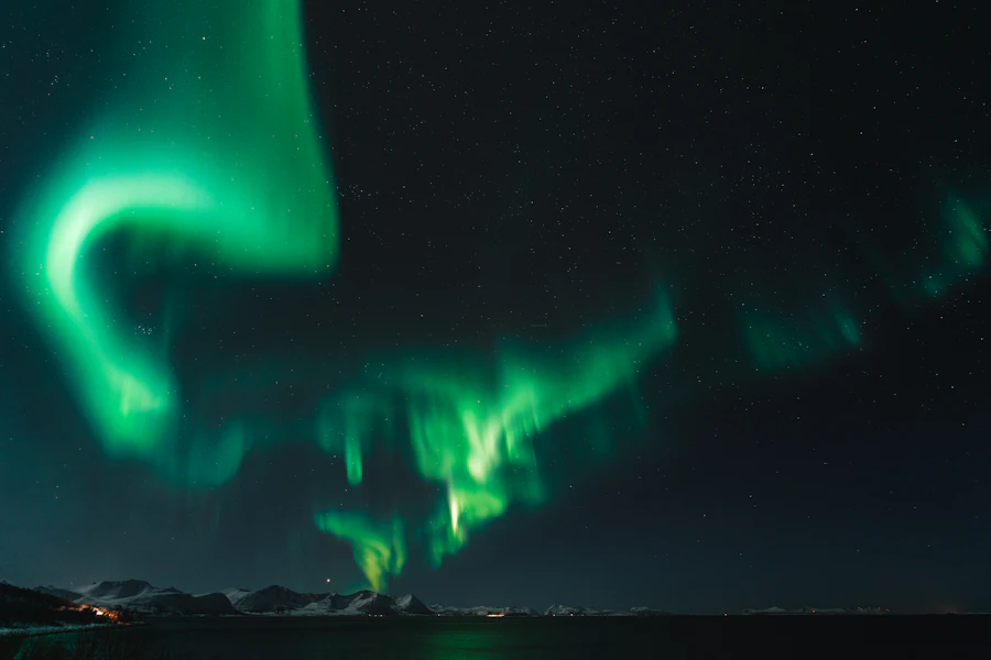 Bright green northern lights ripple across a dark night sky above a snowy mountain range and calm water. A faint shoreline glow sits near the horizon.