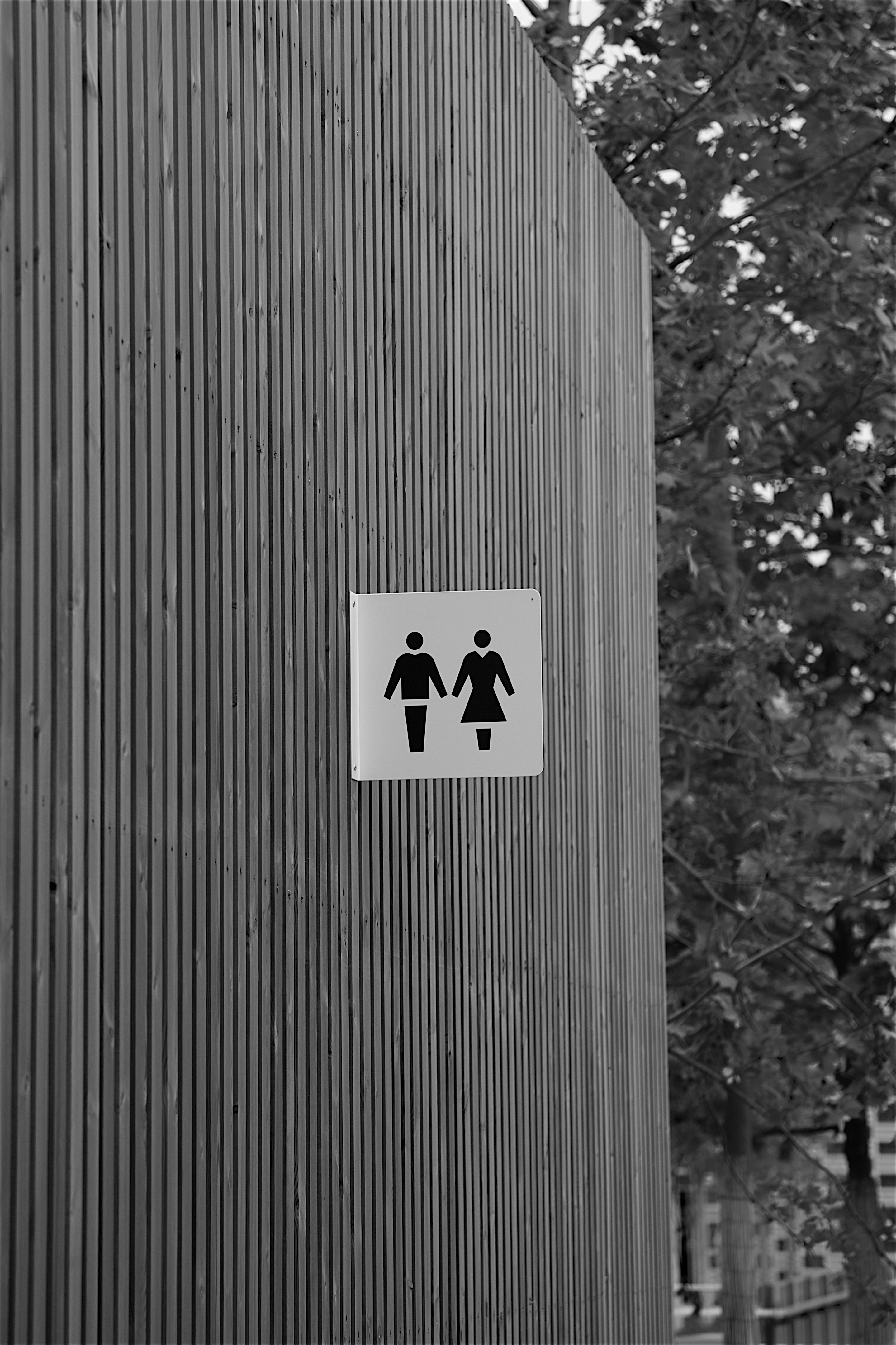 Vertical Slats, Quiet Sign: Restroom Marker on a Wooden Wall