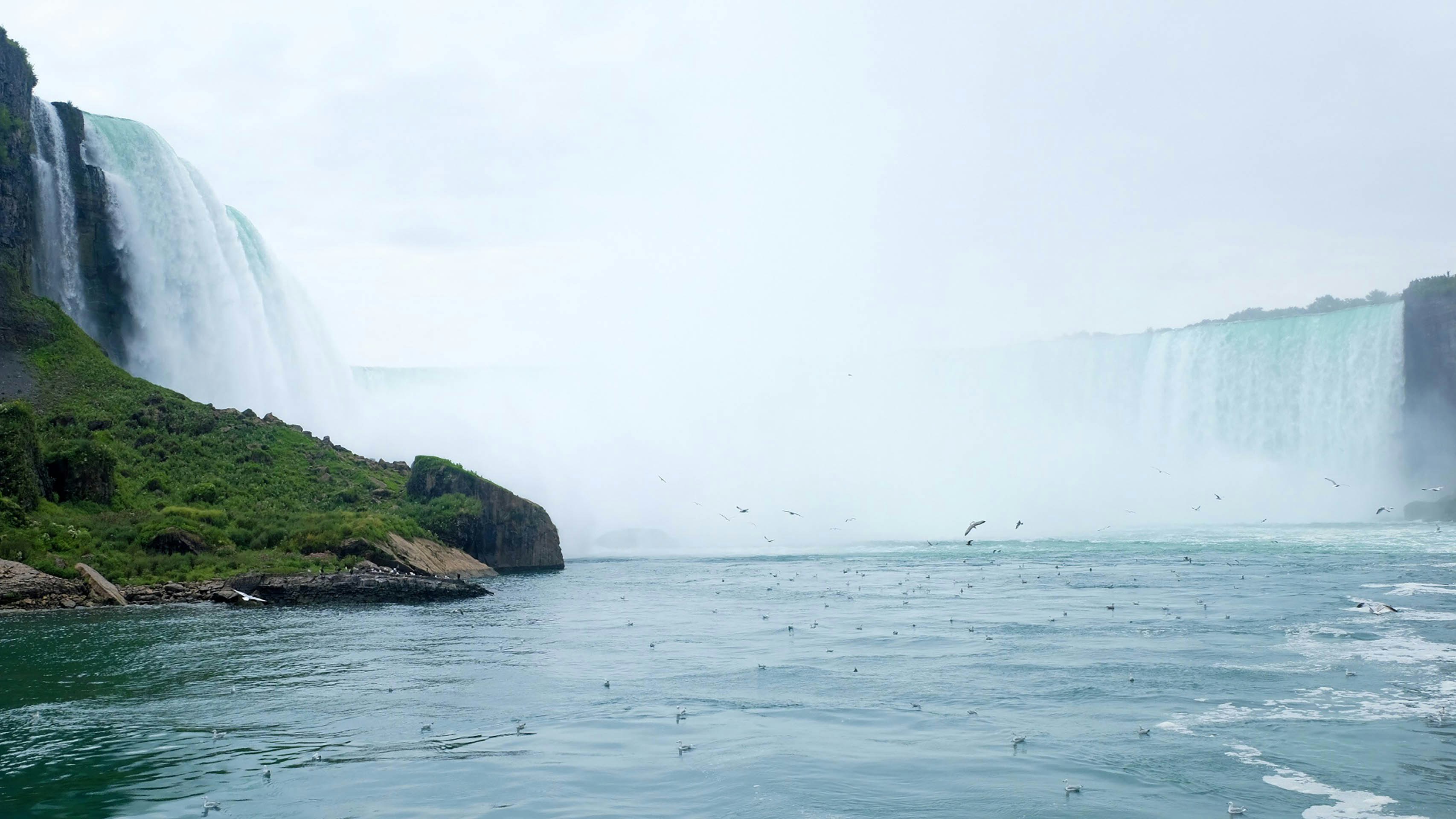 Niagara Falls with dense mist rising above the powerful cascades, surrounded by lush greenery.