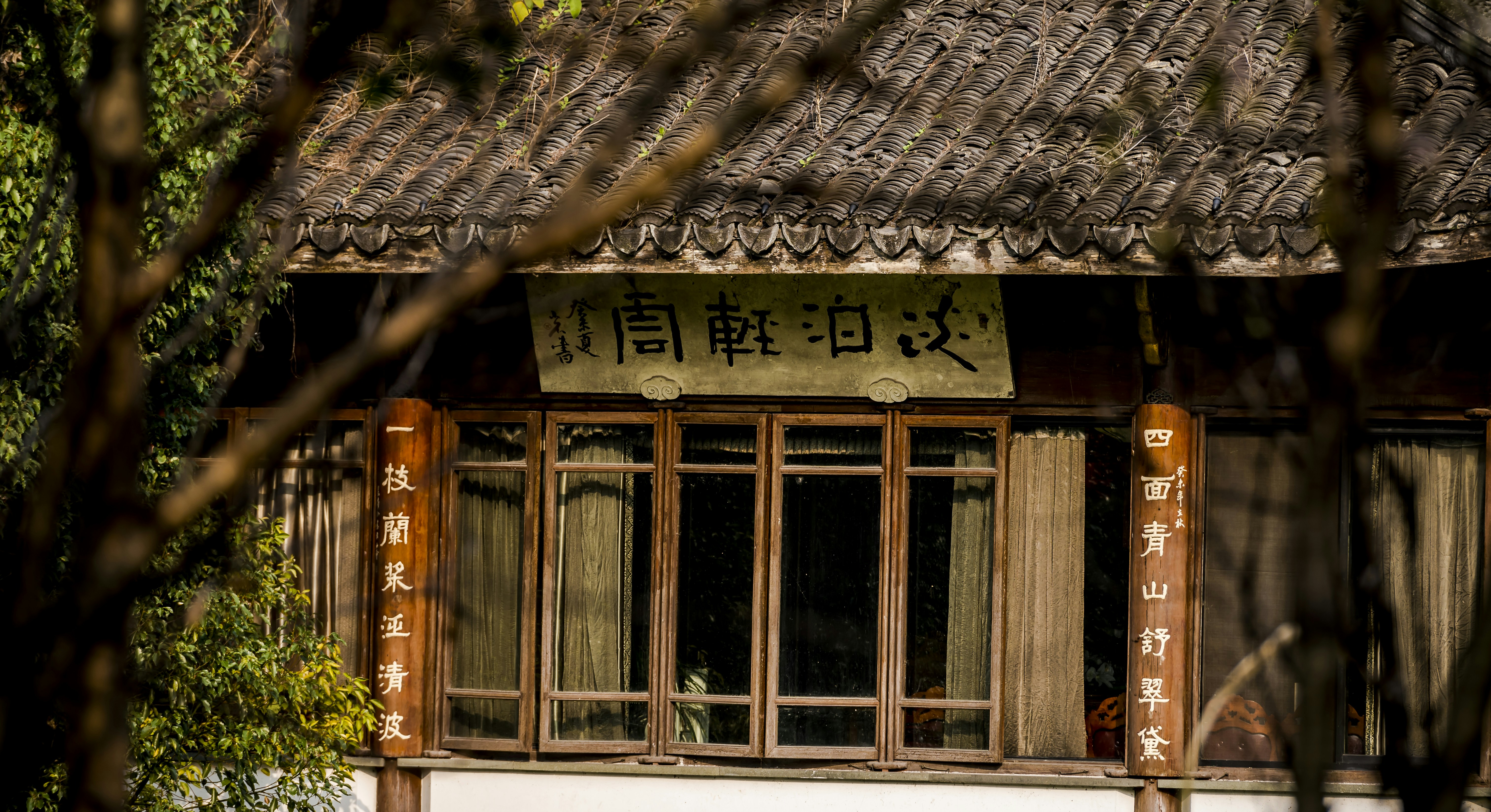 Traditional wooden building framed by blurred branches in dappled sunlight.