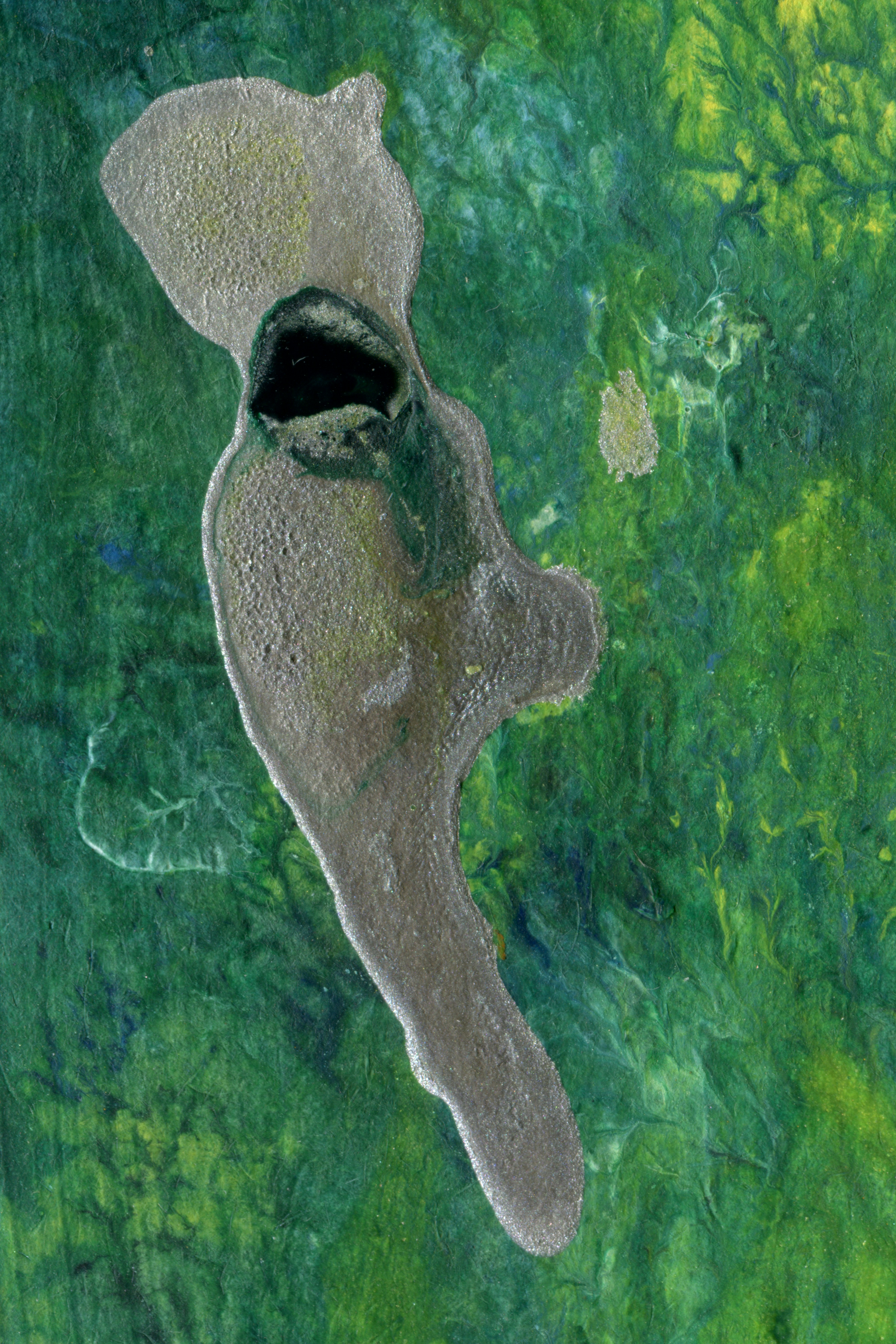 Abstract representation of organic shapes and textures in vibrant green hues with a central dark feature. Emphasizes the interplay of color and form.