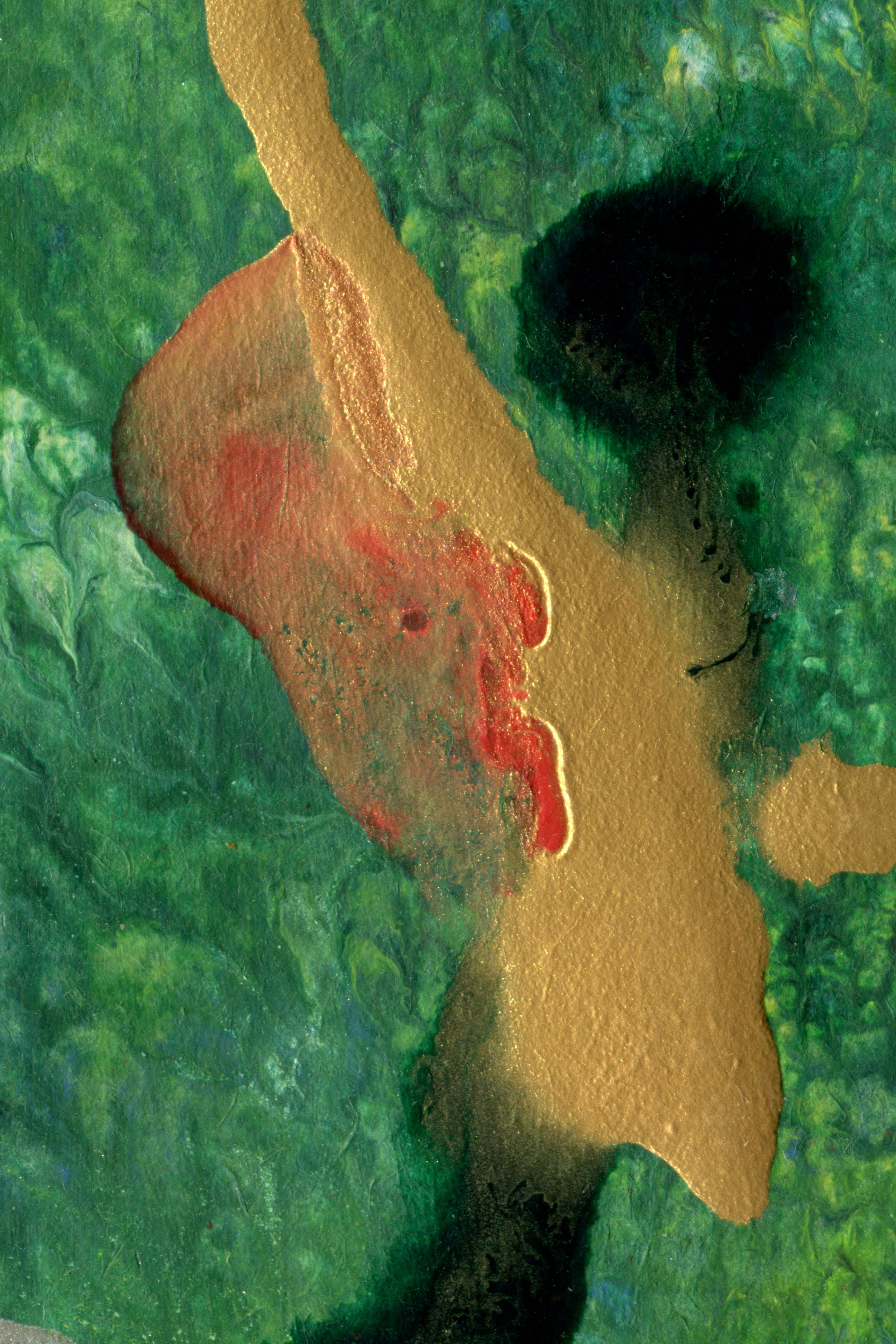 Abstract painting featuring a bold gold vein slicing through emerald greens and a dark ink blot.