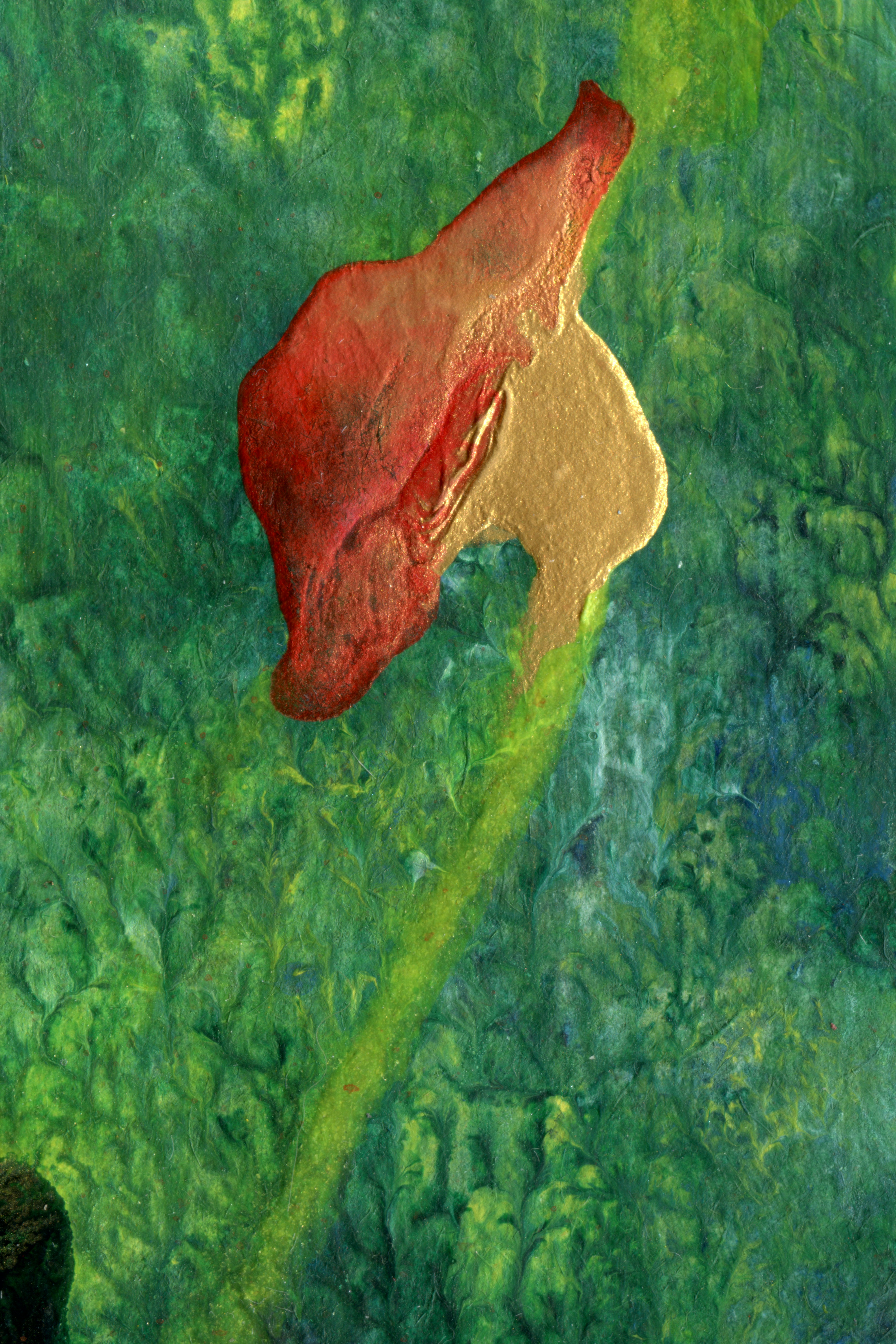 A textured painting of a red and gold flower petal against a lush green backdrop.