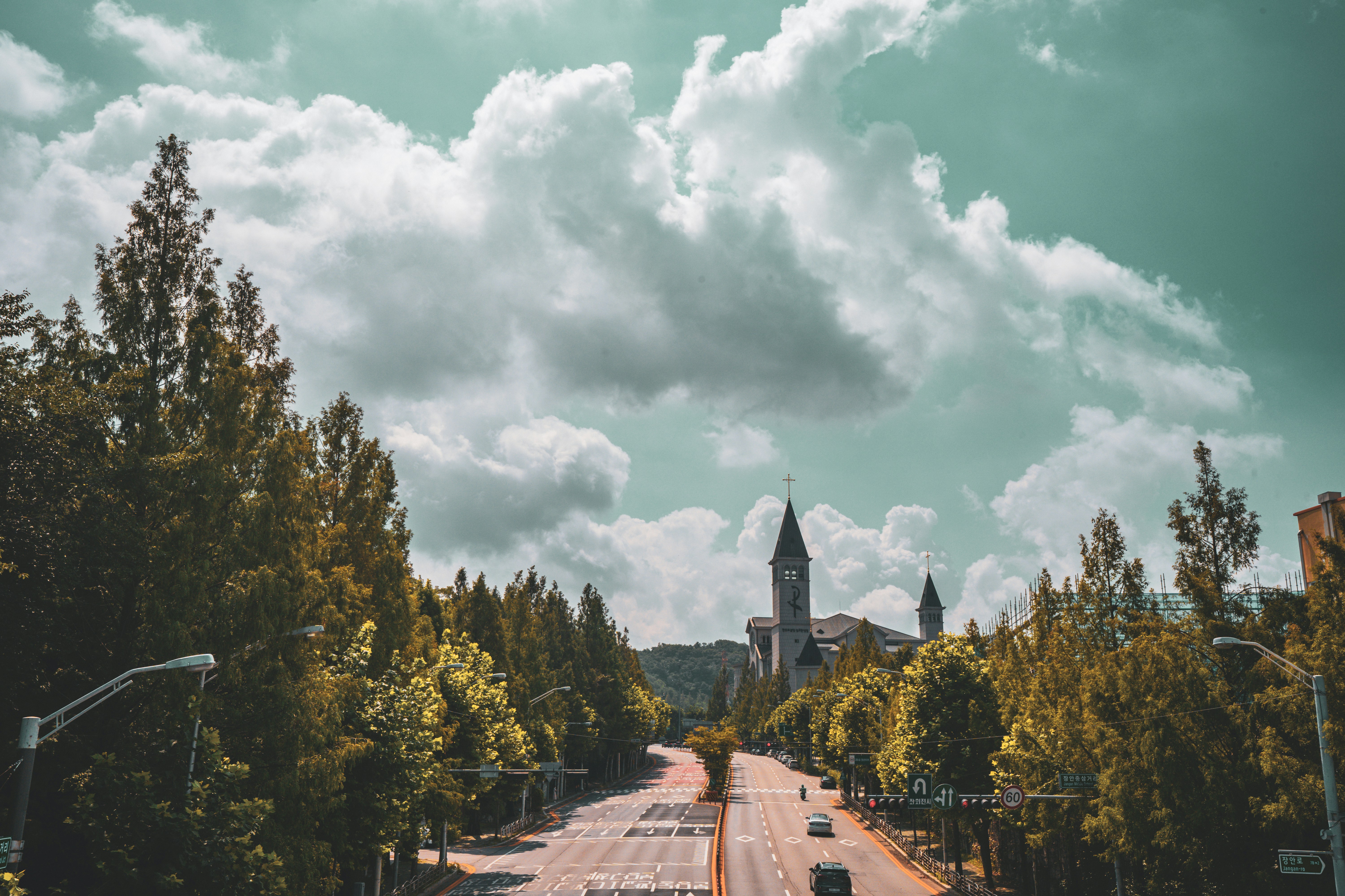 green trees near gray concrete road under white clouds and blue sky during daytime