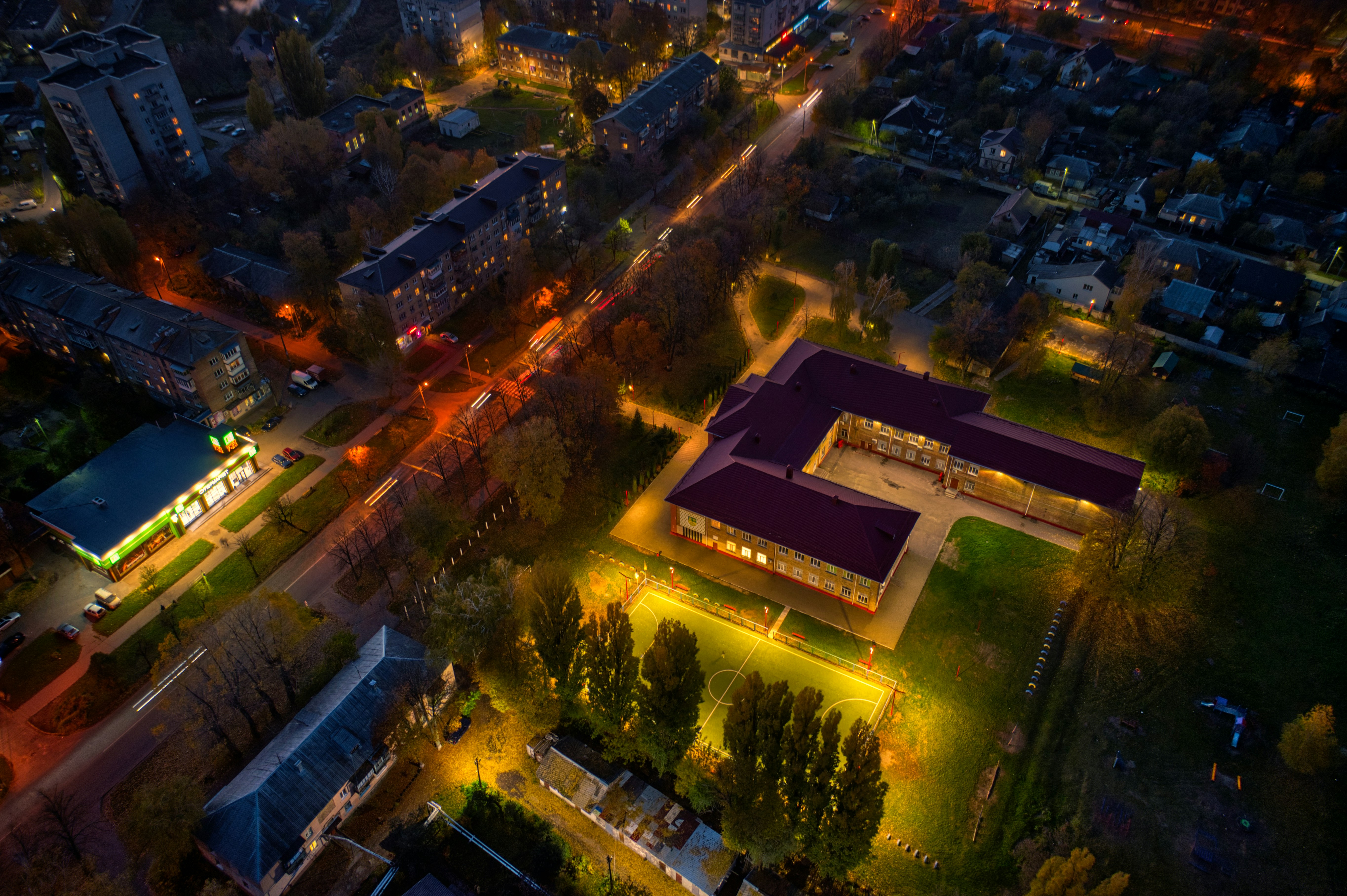 Nocturnal Campus Geometry: An Aerial View of a Suburban Block