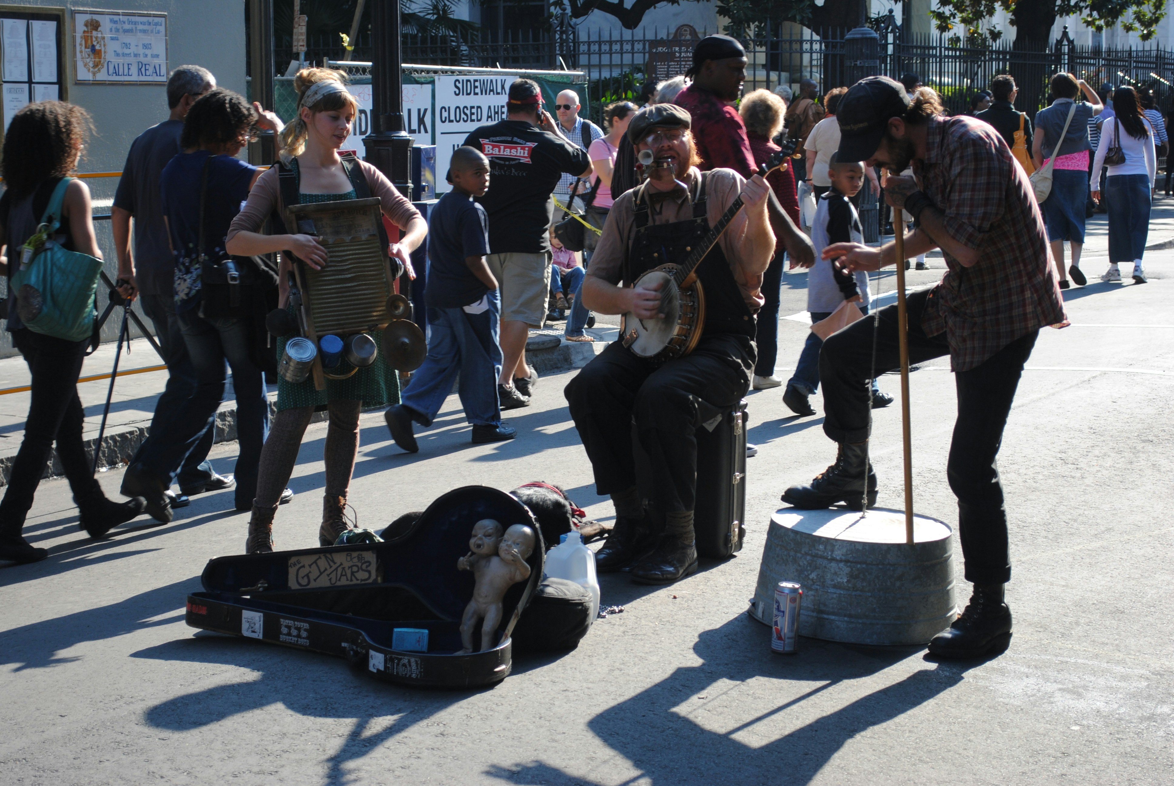 The Banjo Busk at Noon: A Sunlit Street Performance Amid Curious Bystanders