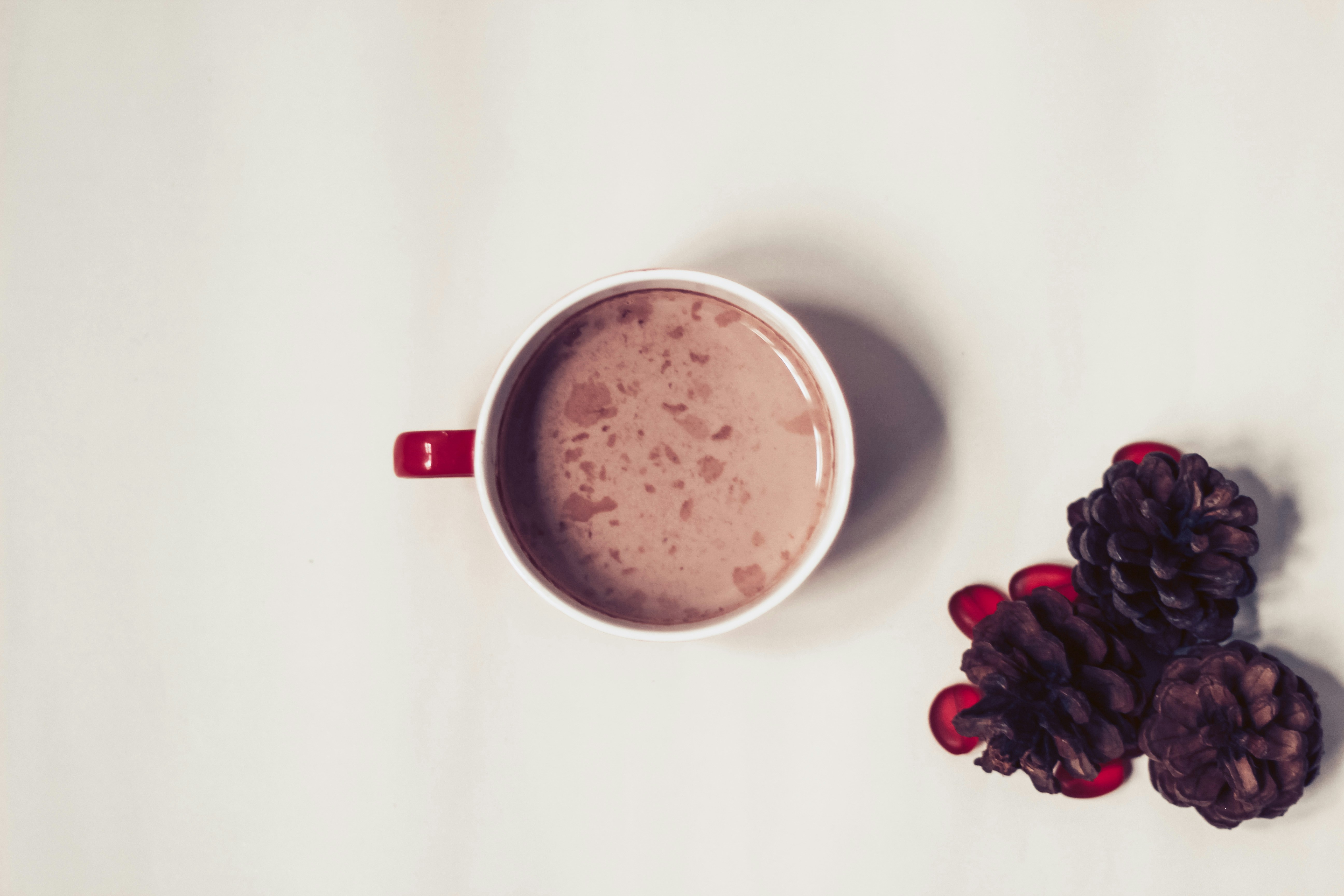Rich hot chocolate in a red mug accompanied by pine cones and berries on a light surface.