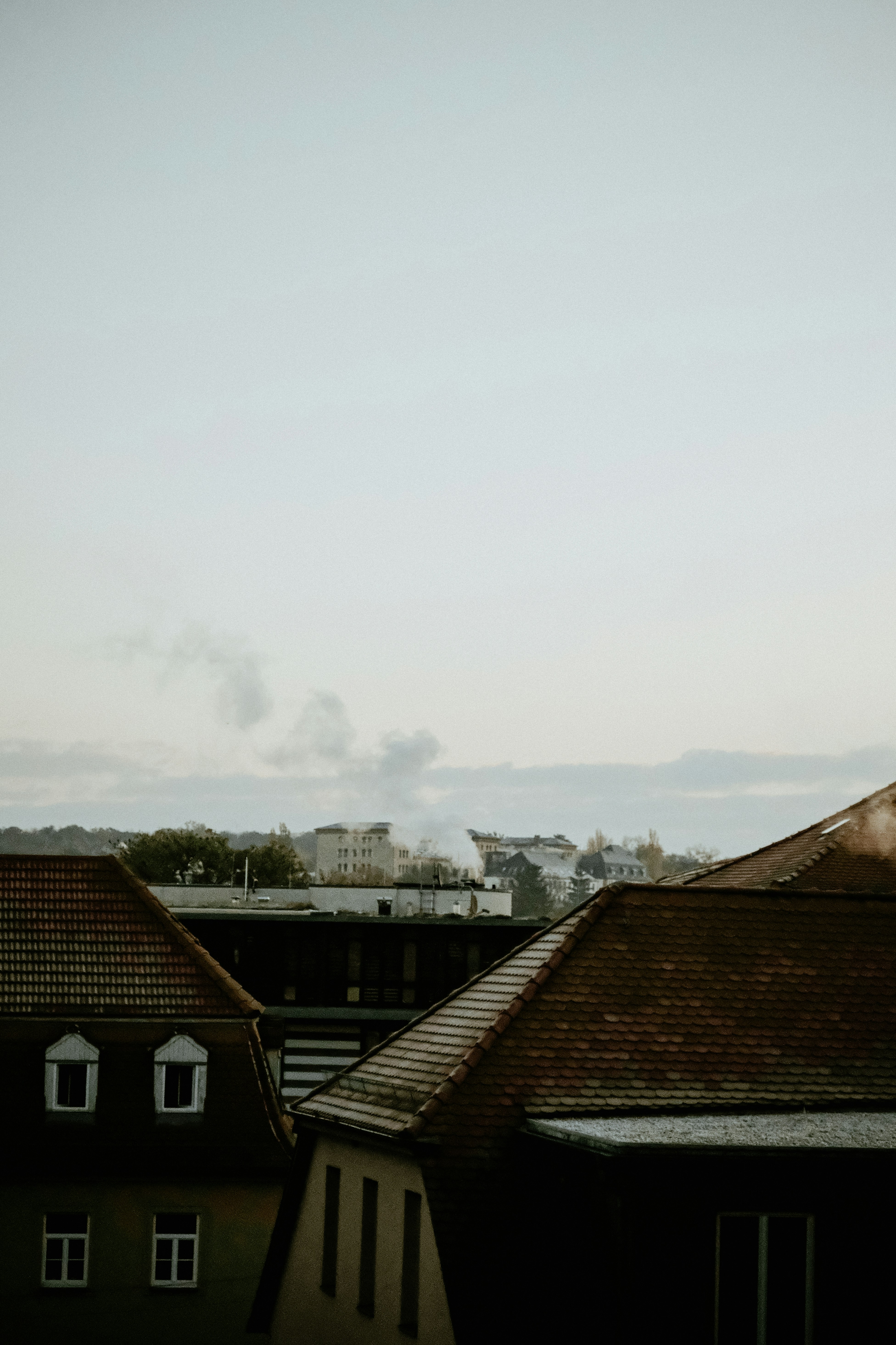 Distant Skyline Peeking Over Red-Tiled Rooftops at Dawn
