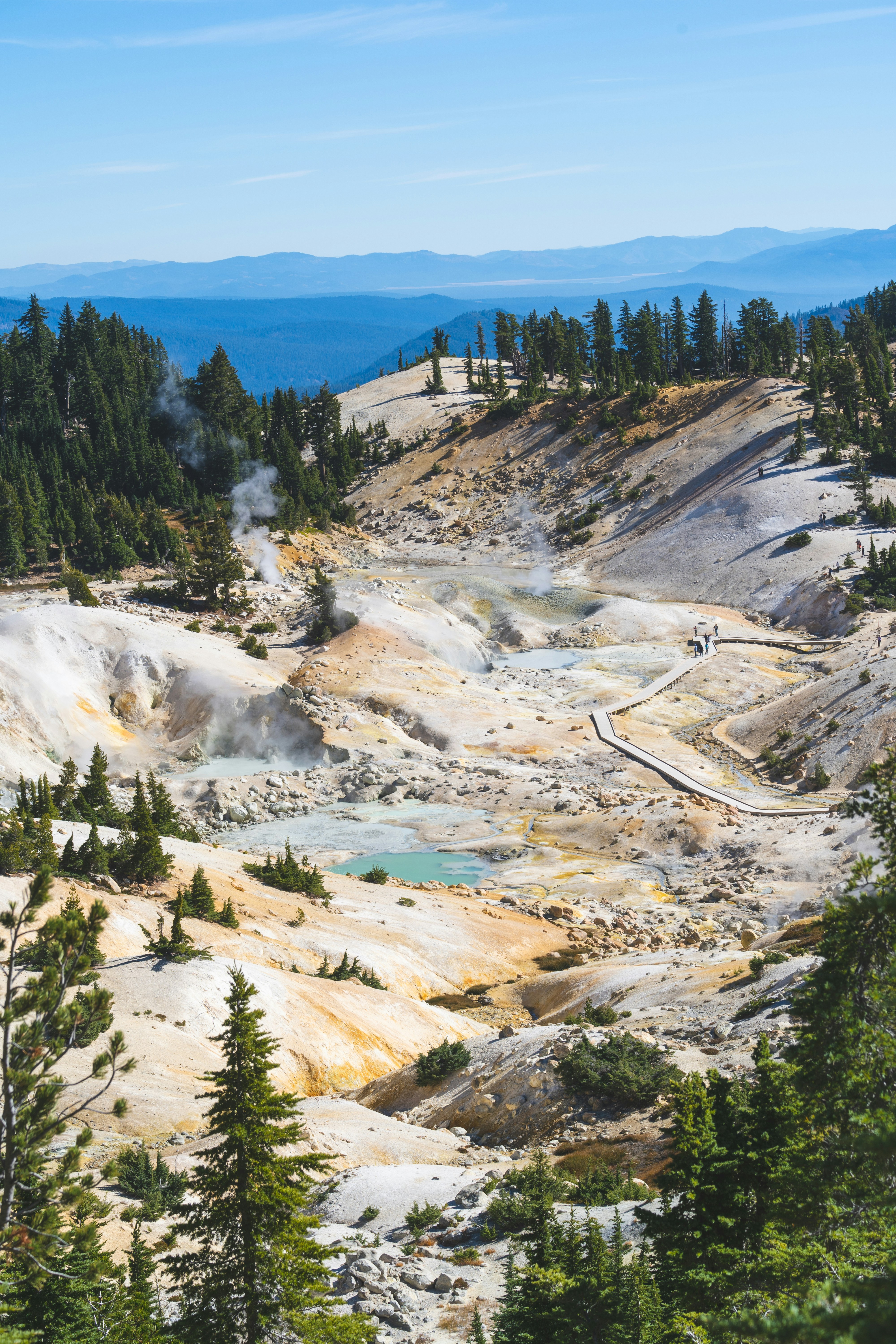 Vibrant geothermal features and steaming pools nestled among rugged terrain and coniferous trees. The landscape showcases the natural beauty and geological activity of the area.