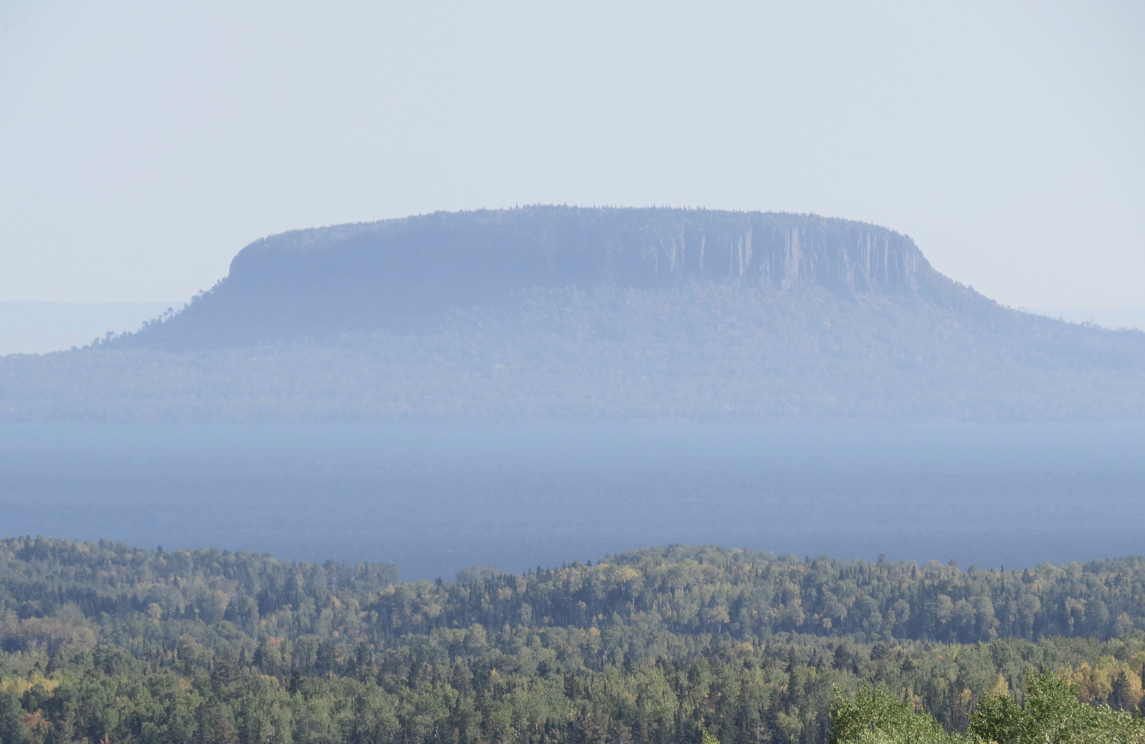 Flat-Topped Mesa Looms Over a Hazy Blue Forest