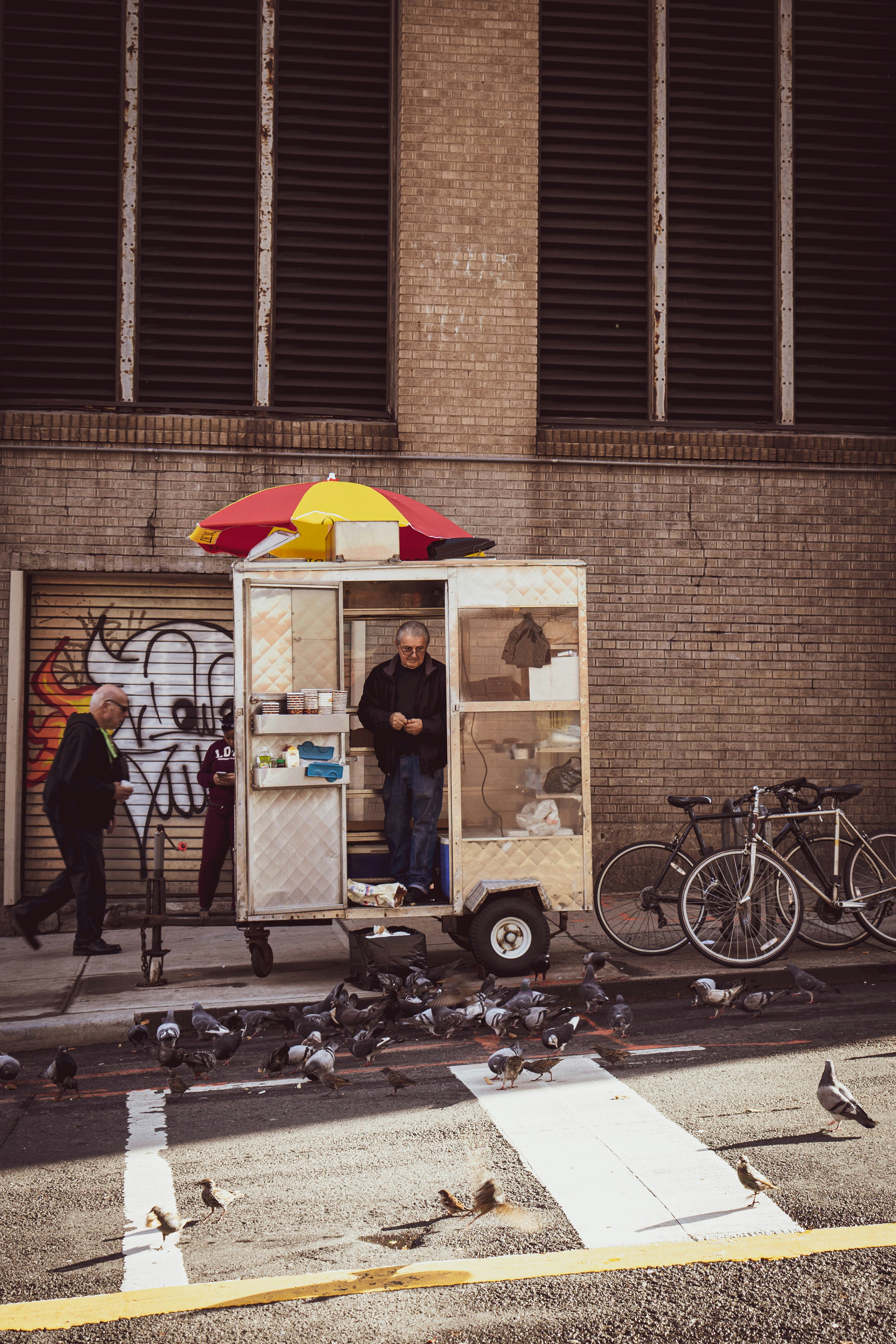 A street vendor stands in a food cart surrounded by pigeons and passersby, set against a backdrop of urban graffiti. The scene captures the essence of city life.