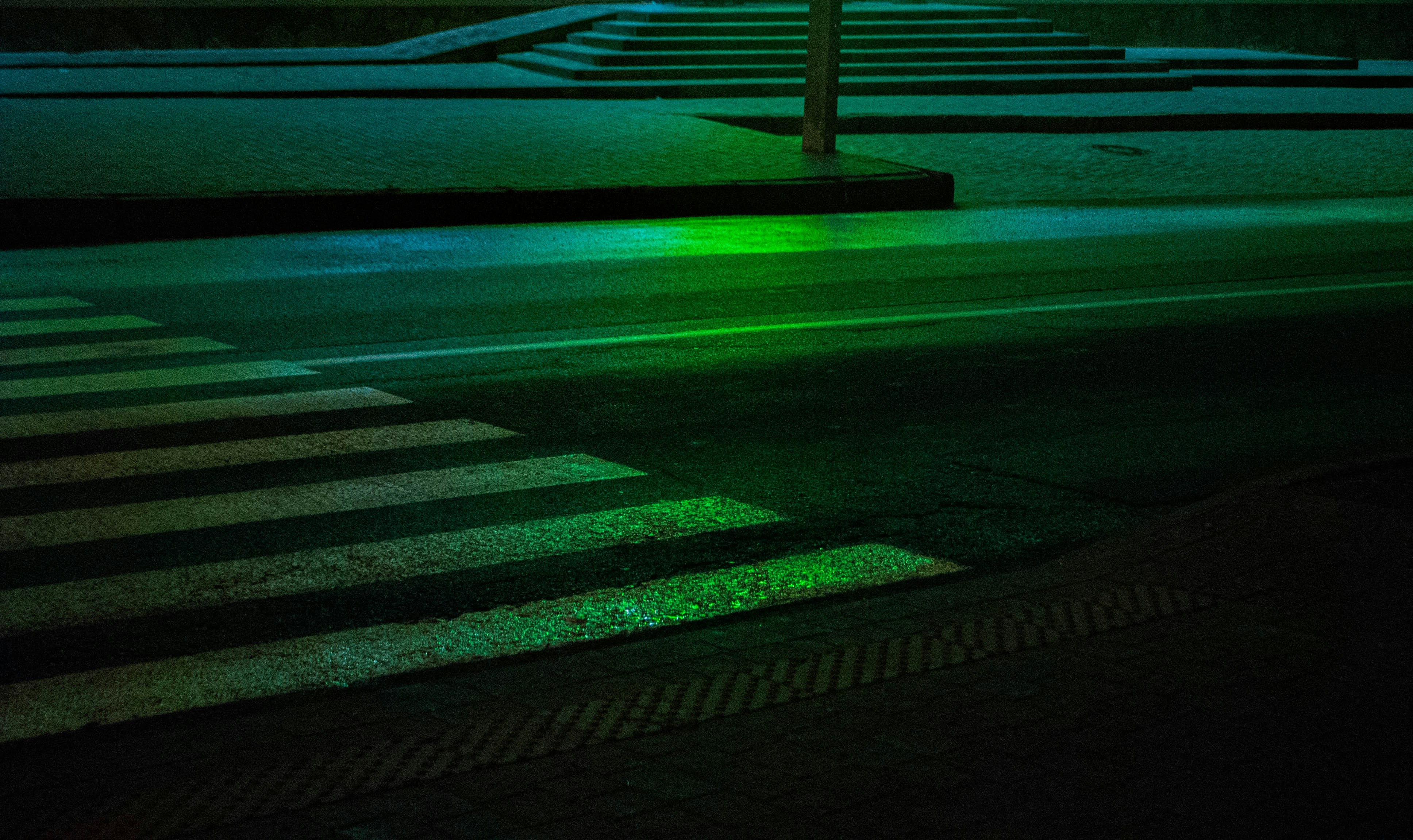 Emerald Veins Across a Quiet Night Crosswalk