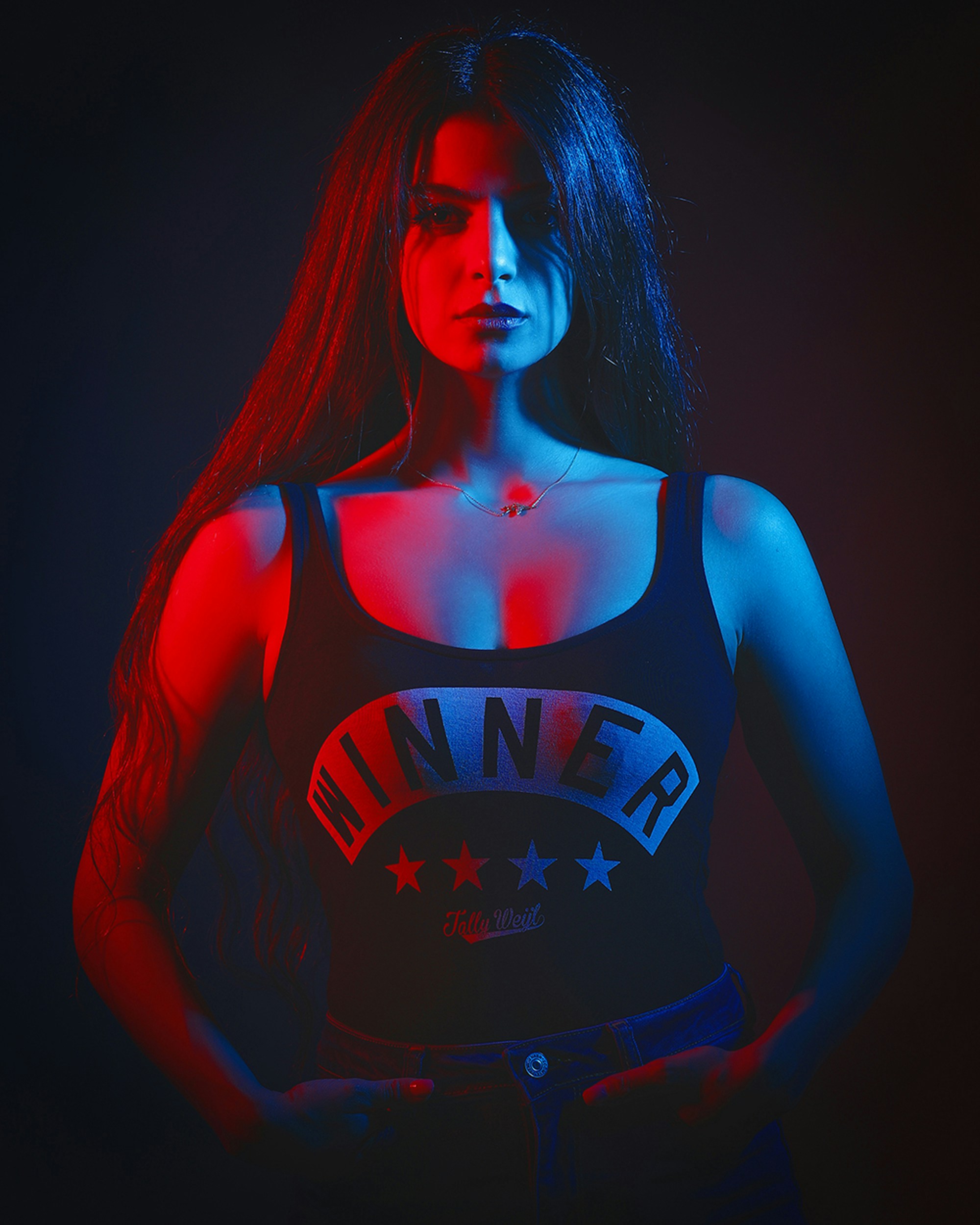 Neon Portrait of a Quiet Champion Under Dual-Tone Light