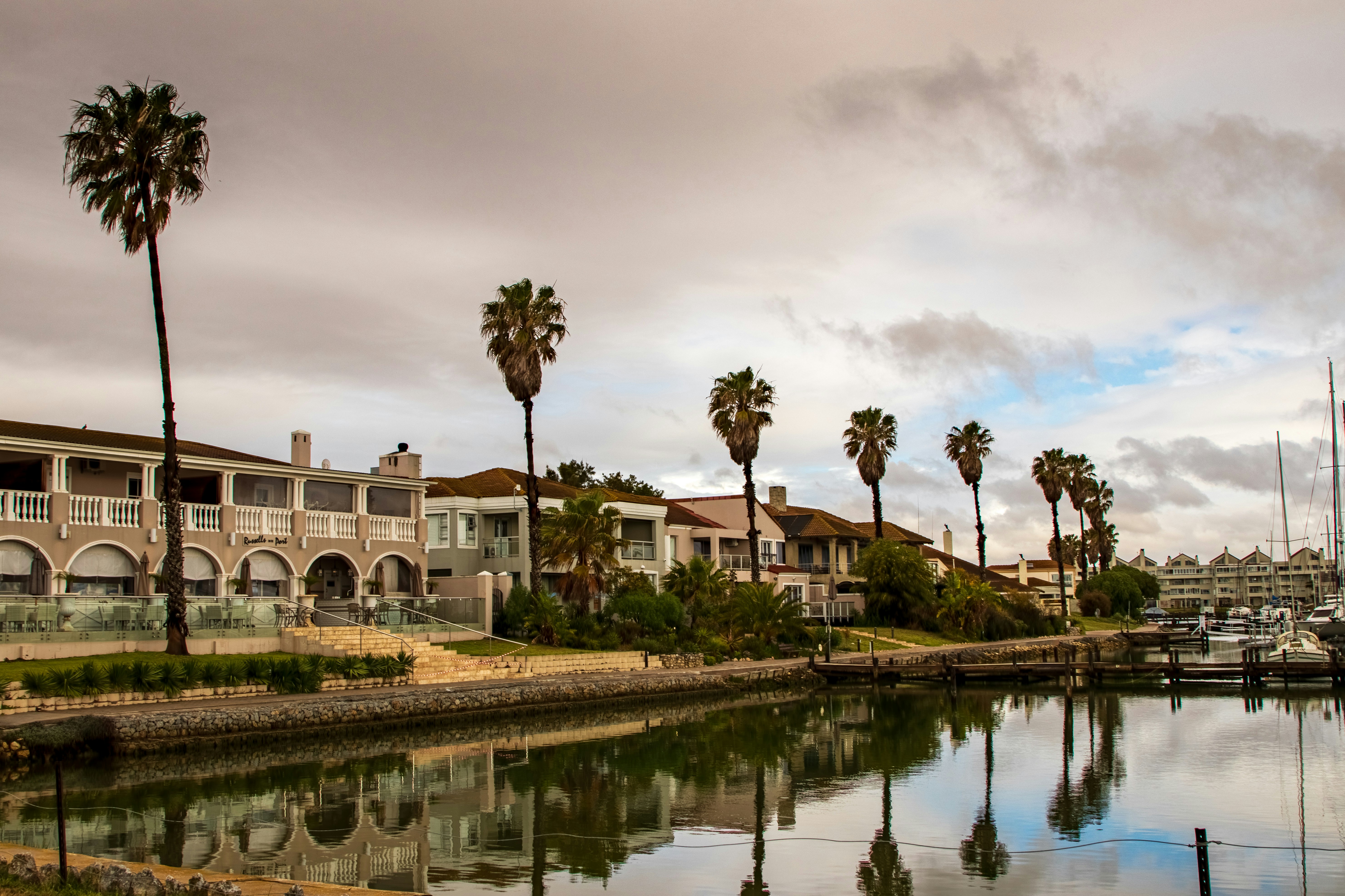 Palm trees lining a serene waterfront with elegant homes and boats reflected in the calm water. The atmosphere evokes a sense of peaceful coastal living.