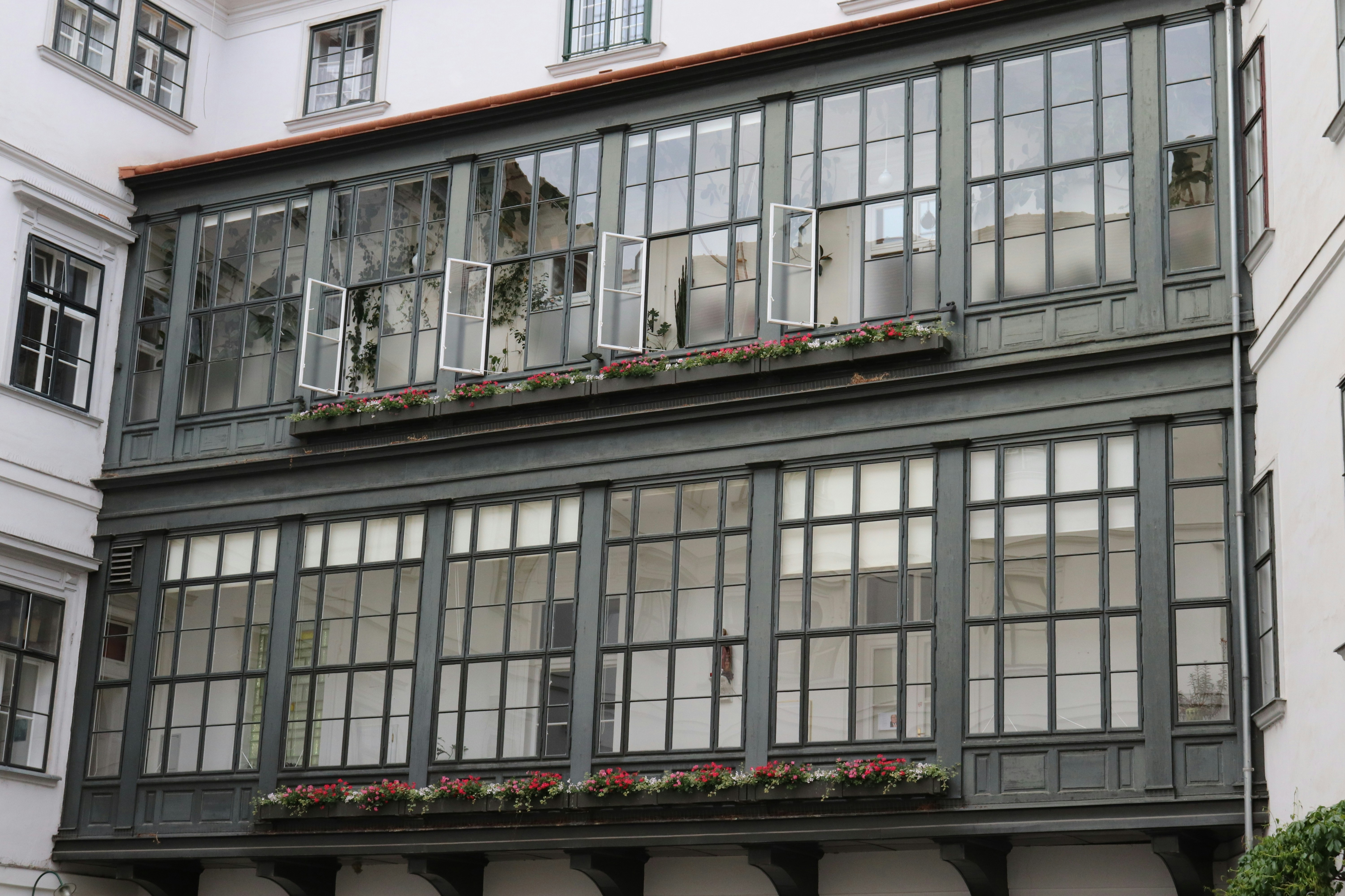 Charming building facade featuring large glass windows adorned with blooming flower boxes, showcasing a blend of architecture and nature.