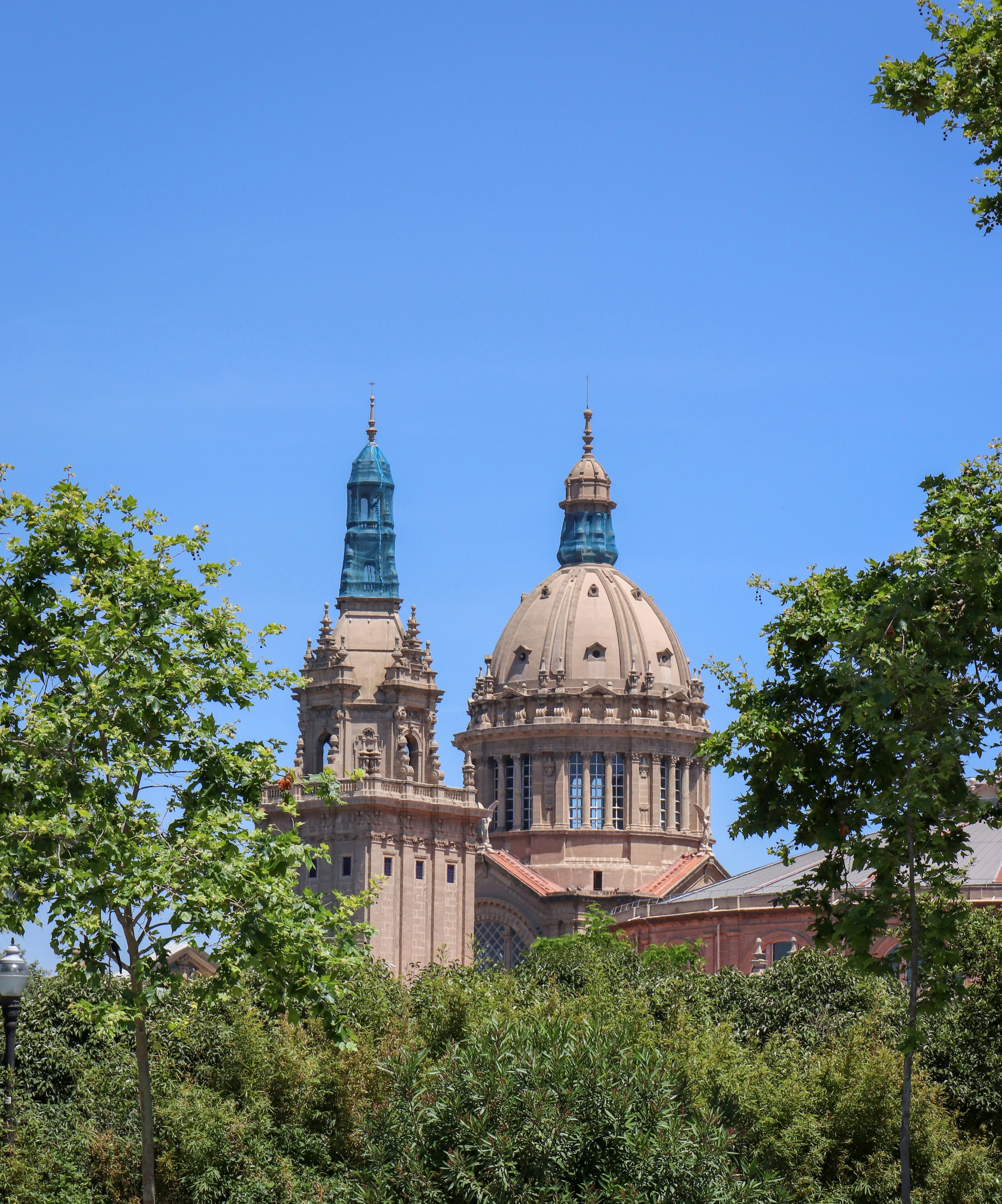 Dome Duet Under a Cerulean Sky: City Cathedral Framed by Greenery