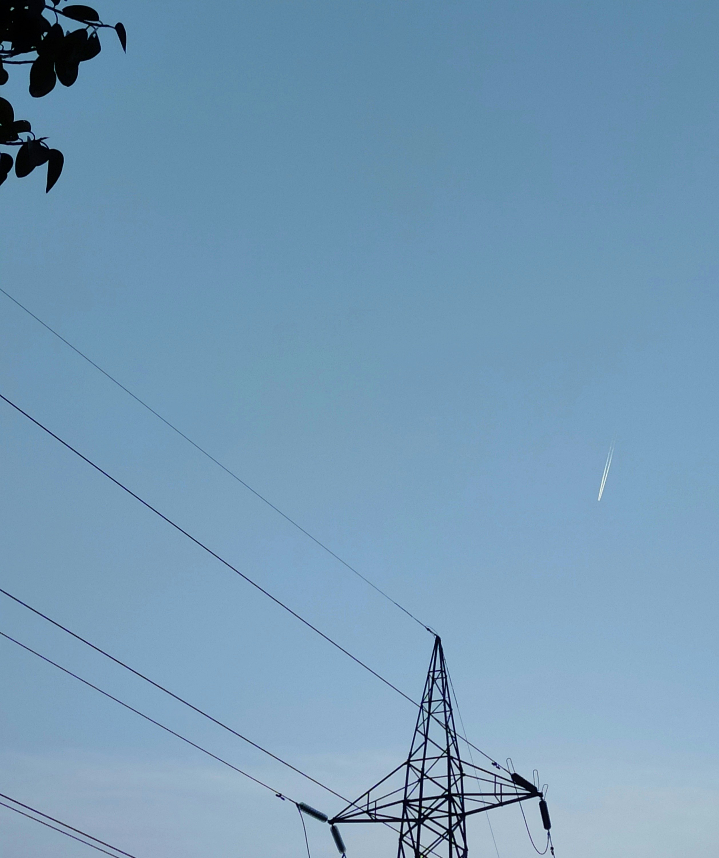 Silhouetted powerlines against a clear blue sky with a faint contrail above, capturing a moment of quiet urban life.