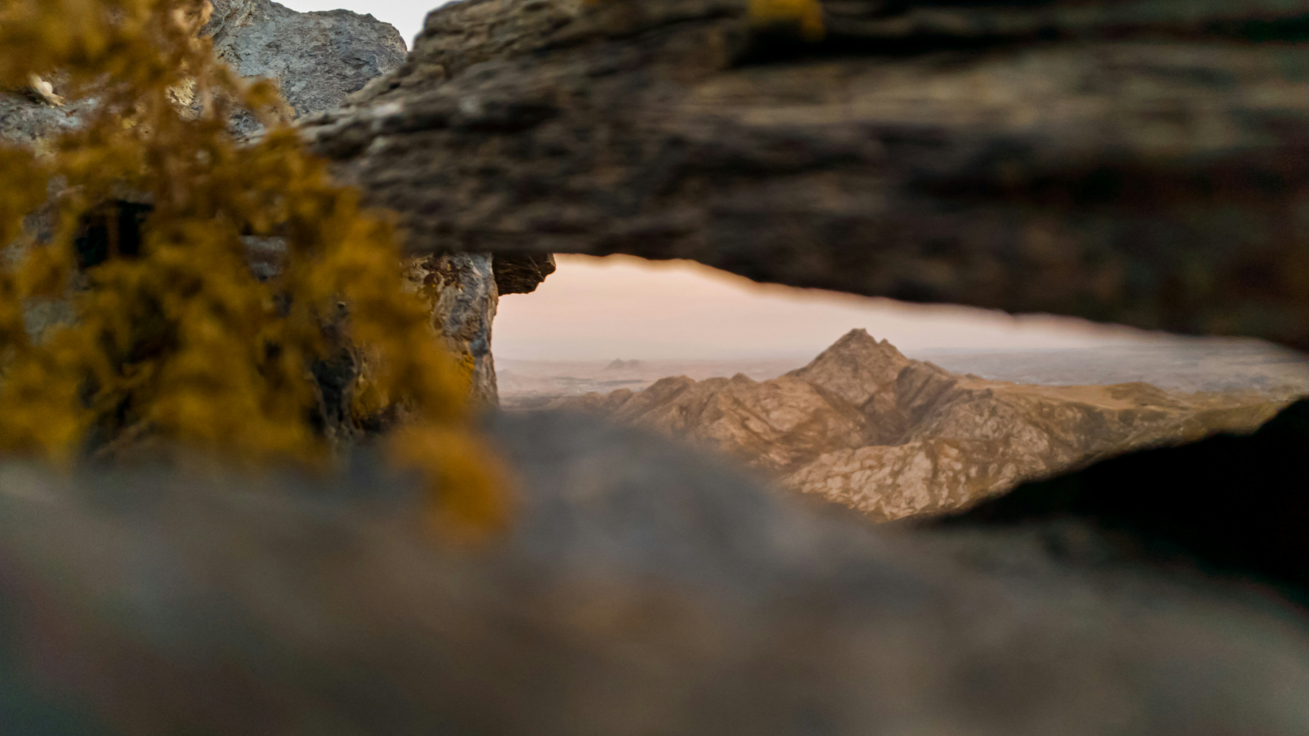 Distant mountains framed by a weathered log and foreground rocks, bathed in warm light that shapes depth and texture.