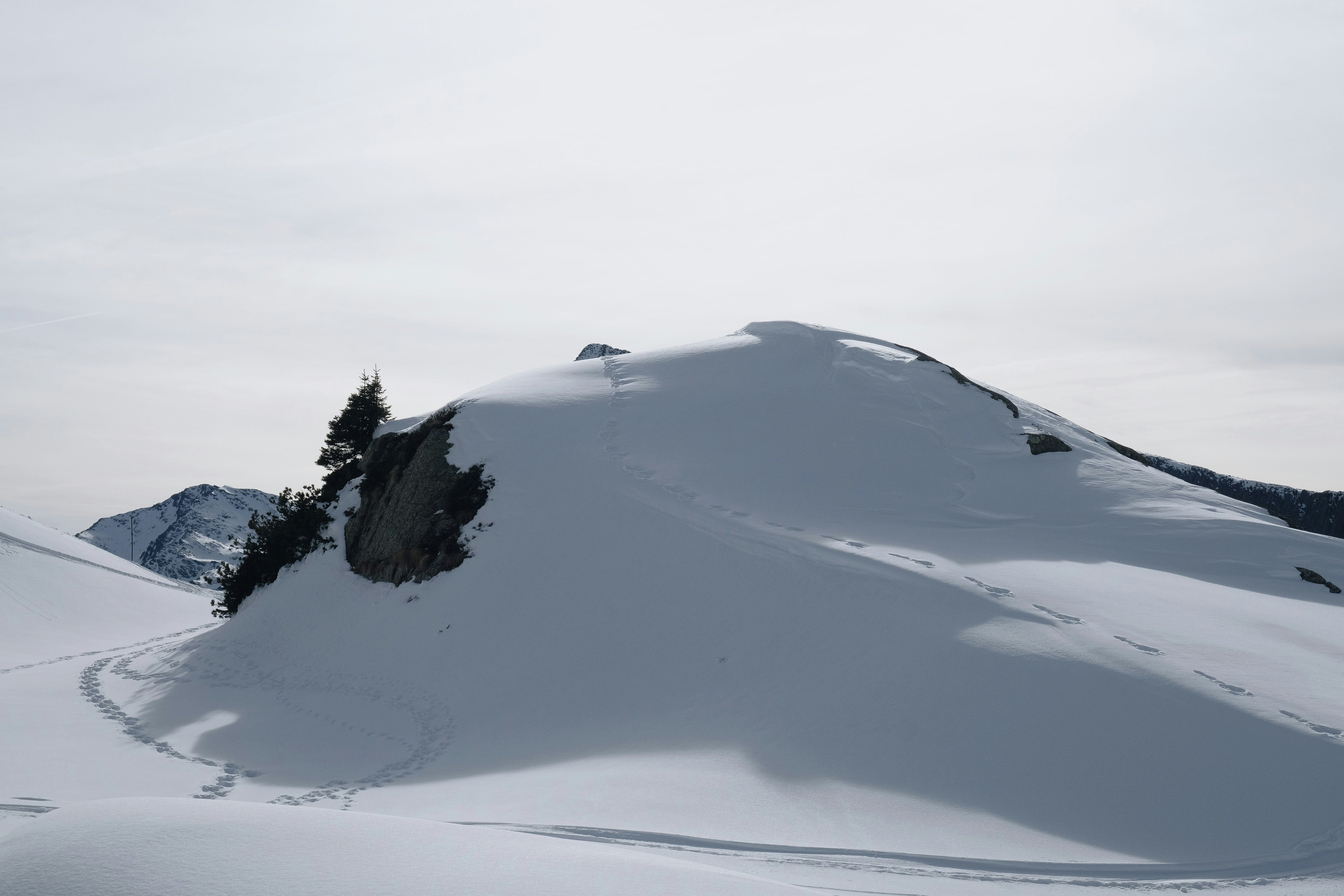 Crest in White: a lone ridge etches tracks across a pale alpine slope