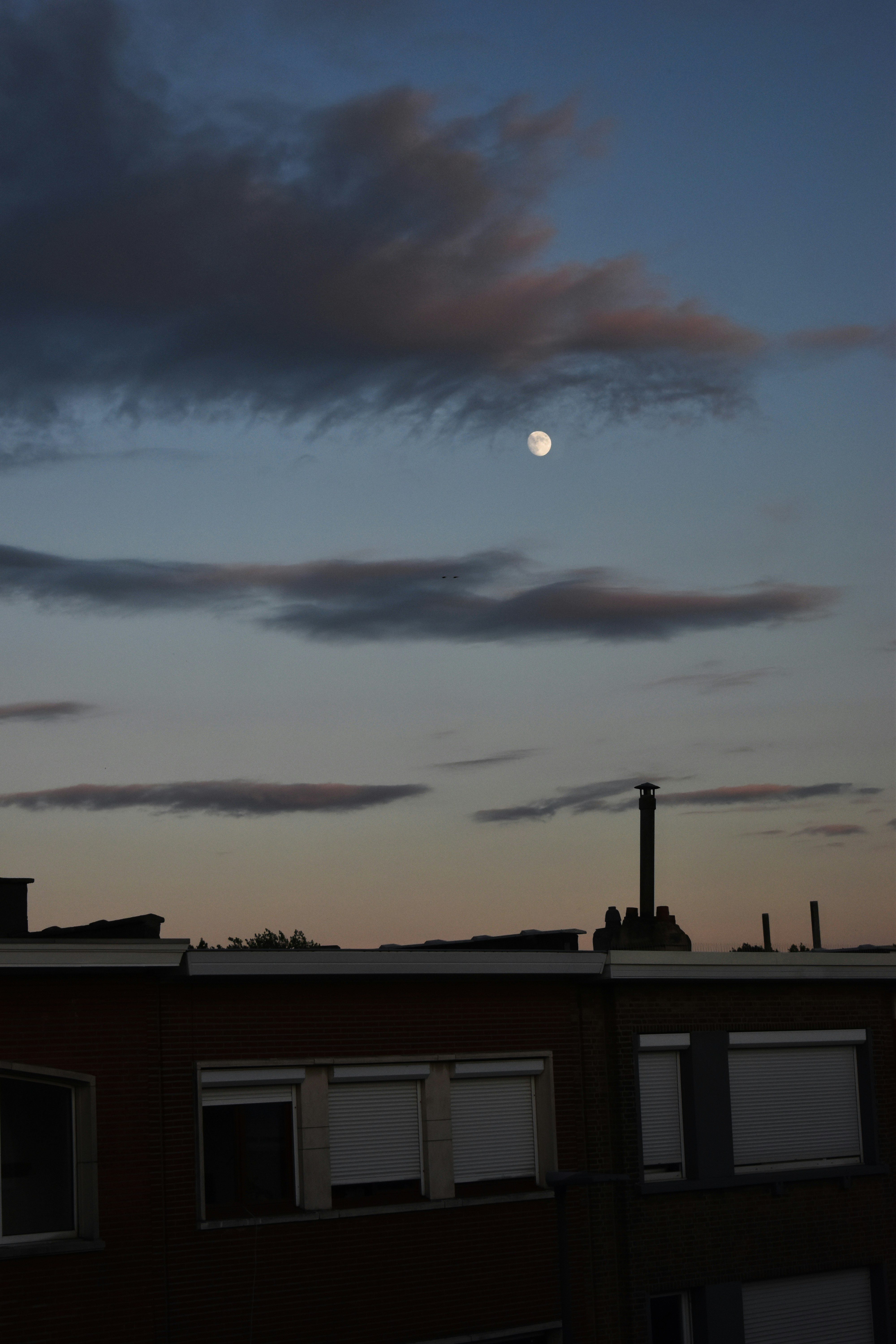 Moonrise Over a Quiet Rooftop Skyline at Dusk