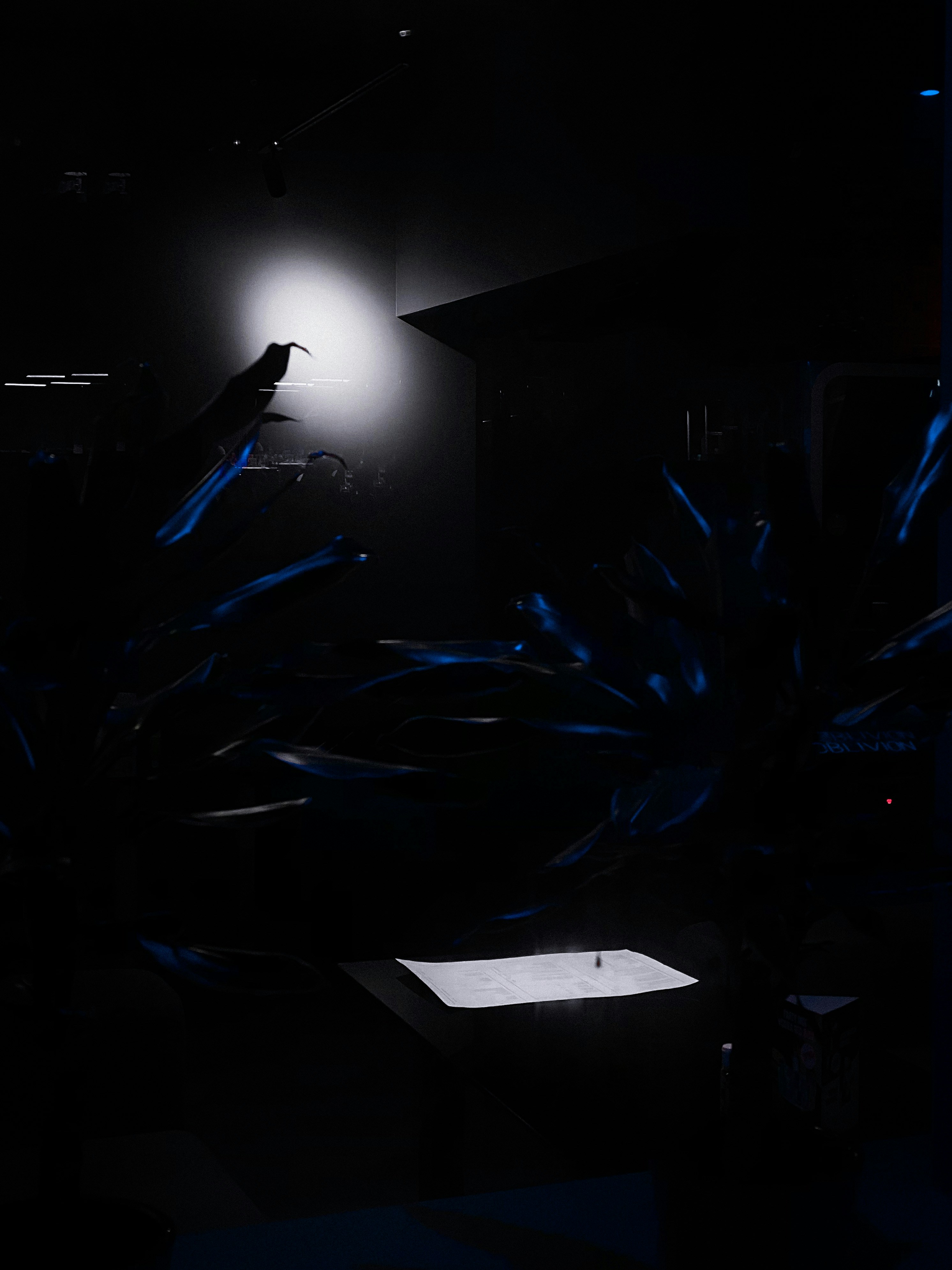 silhouette on a dim stage: a single spotlight and a raised podium
