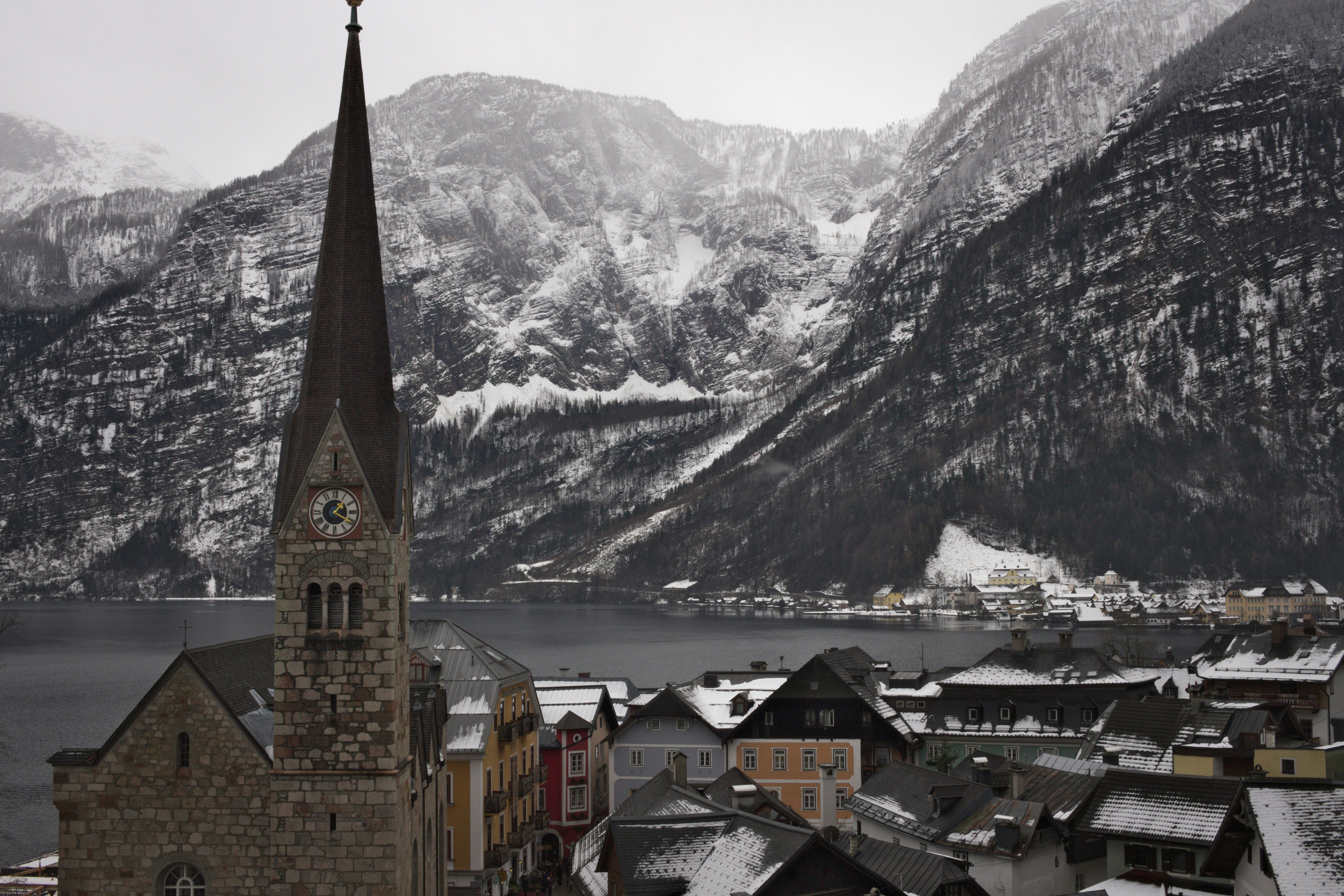 Snow-Kissed Village by the Lake