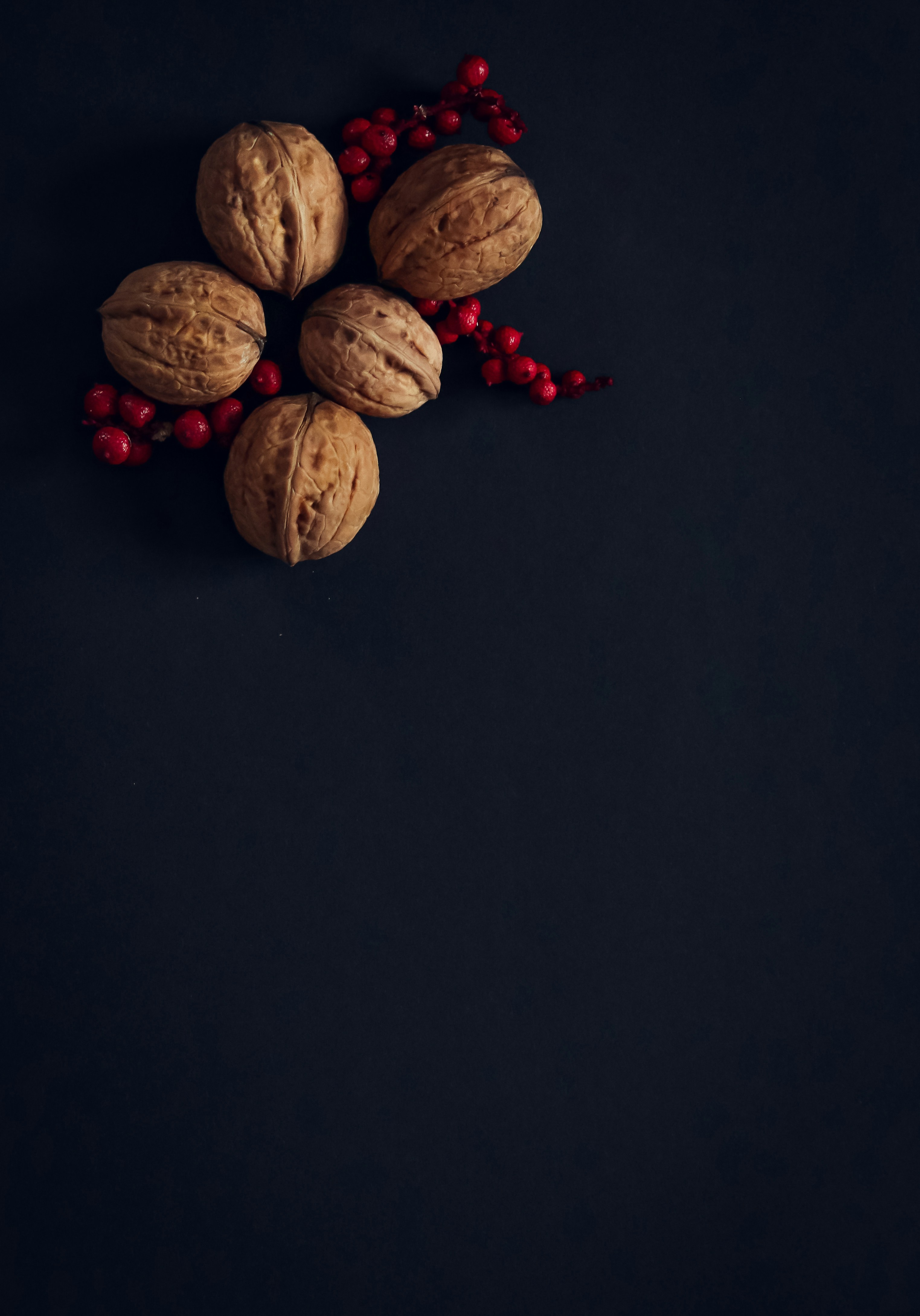 Noir Nutstill: Quartet of Walnuts with Crimson Berries on Velvet Darkness