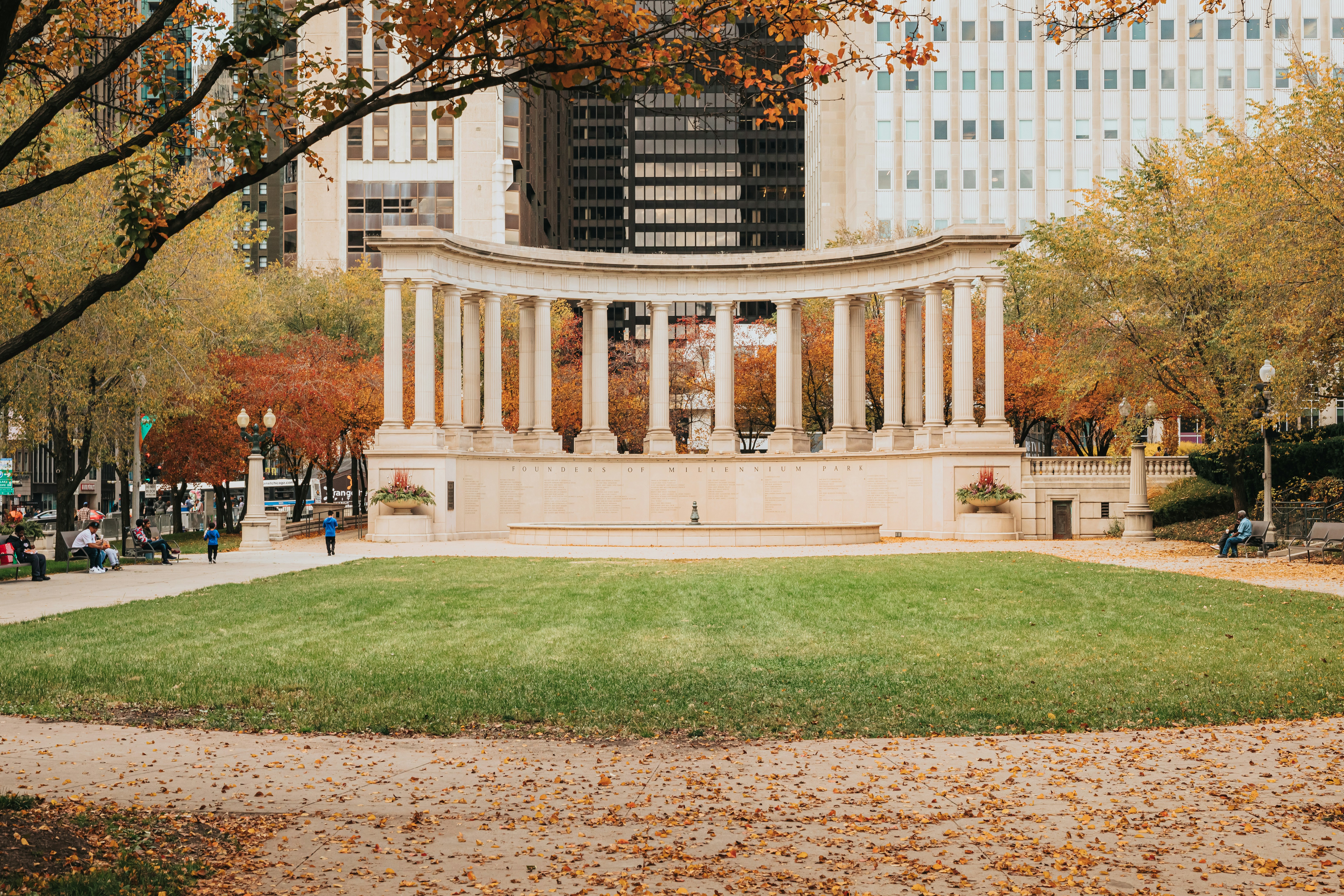 Autumn Rotunda: A City Park Monument Framed by Crimson and Gold Trees