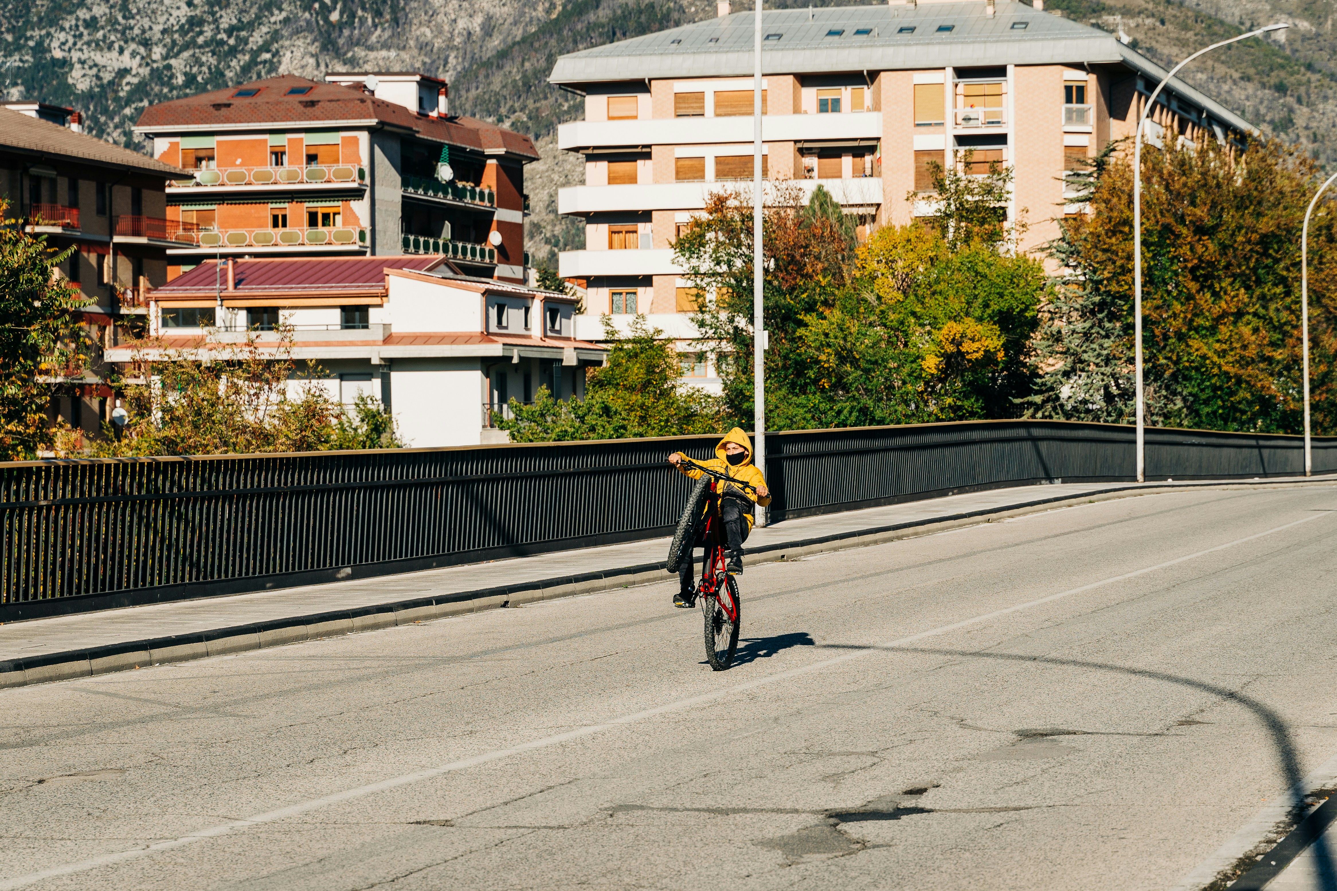 A cyclist performs a wheelie on a bridge, surrounded by colorful urban architecture and autumn foliage. The scene captures a moment of youthful exuberance and skill.