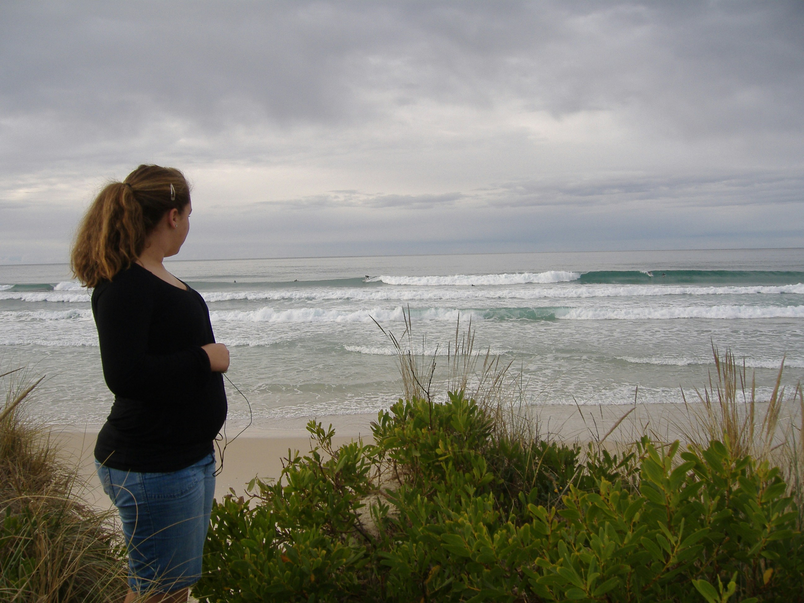 A contemplative figure gazes at the rolling waves and cloudy sky, surrounded by coastal vegetation.