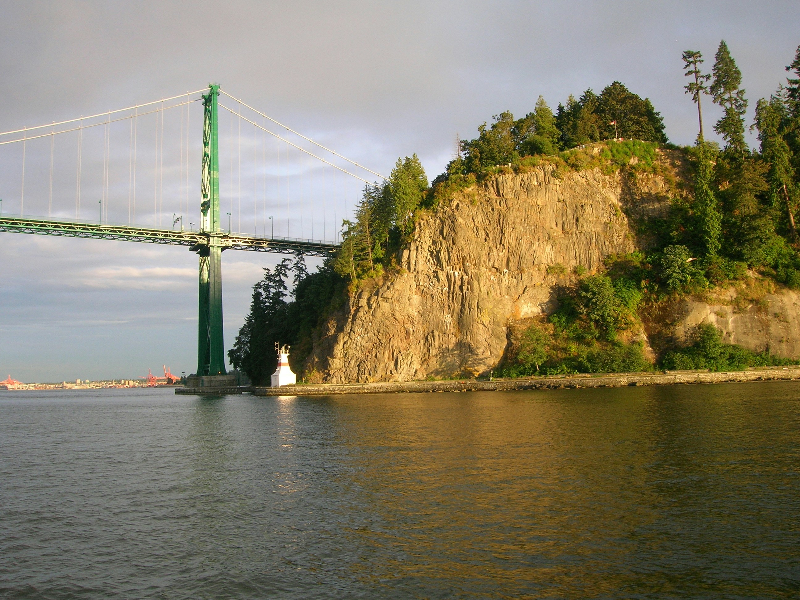Suspension bridge towers over a rocky cliffside adorned with lush greenery, reflecting in the tranquil waters below.