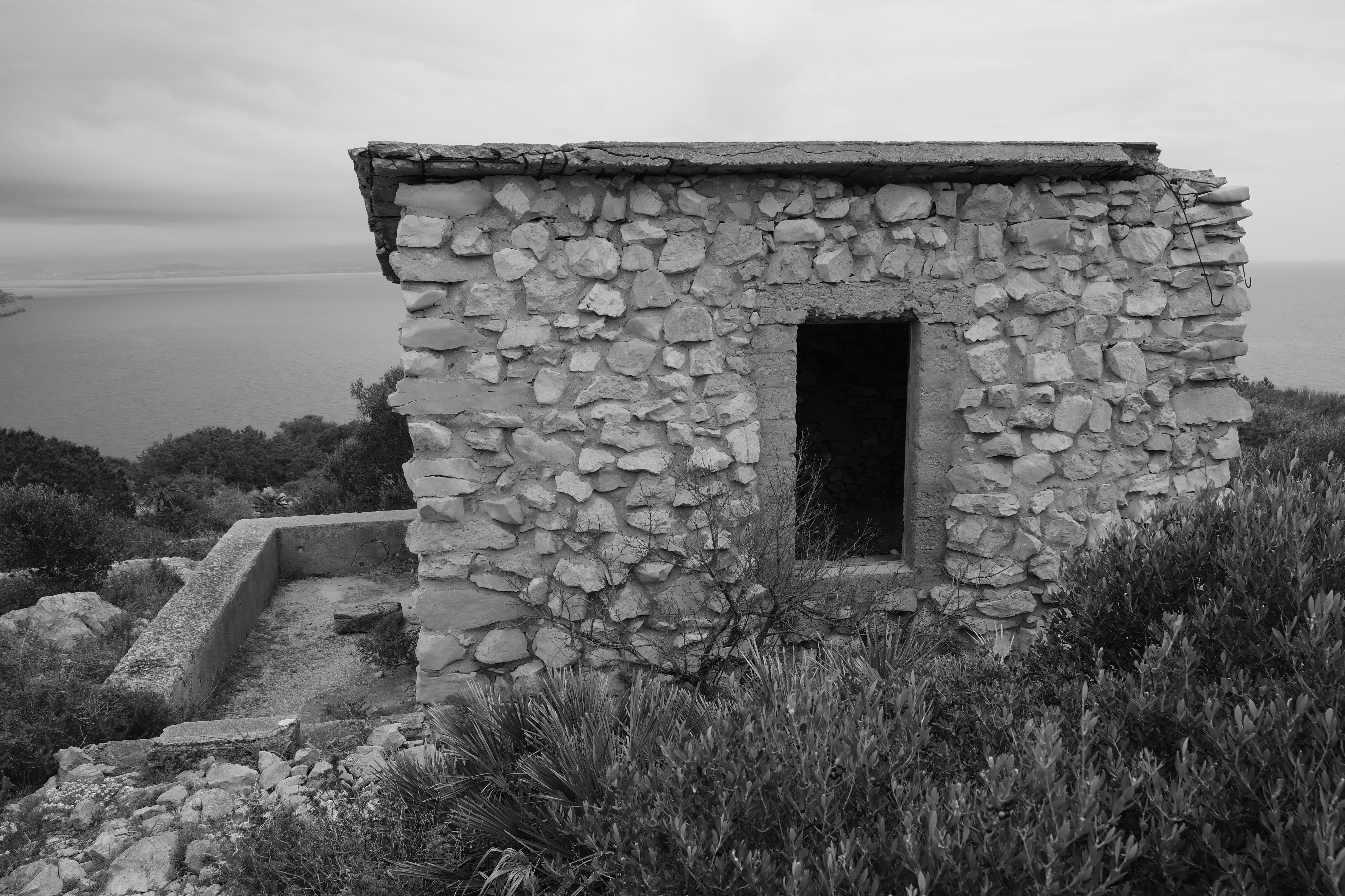 Abandoned stone structure surrounded by lush greenery overlooking the ocean, evoking a sense of nostalgia. The scene is rendered in monochrome.