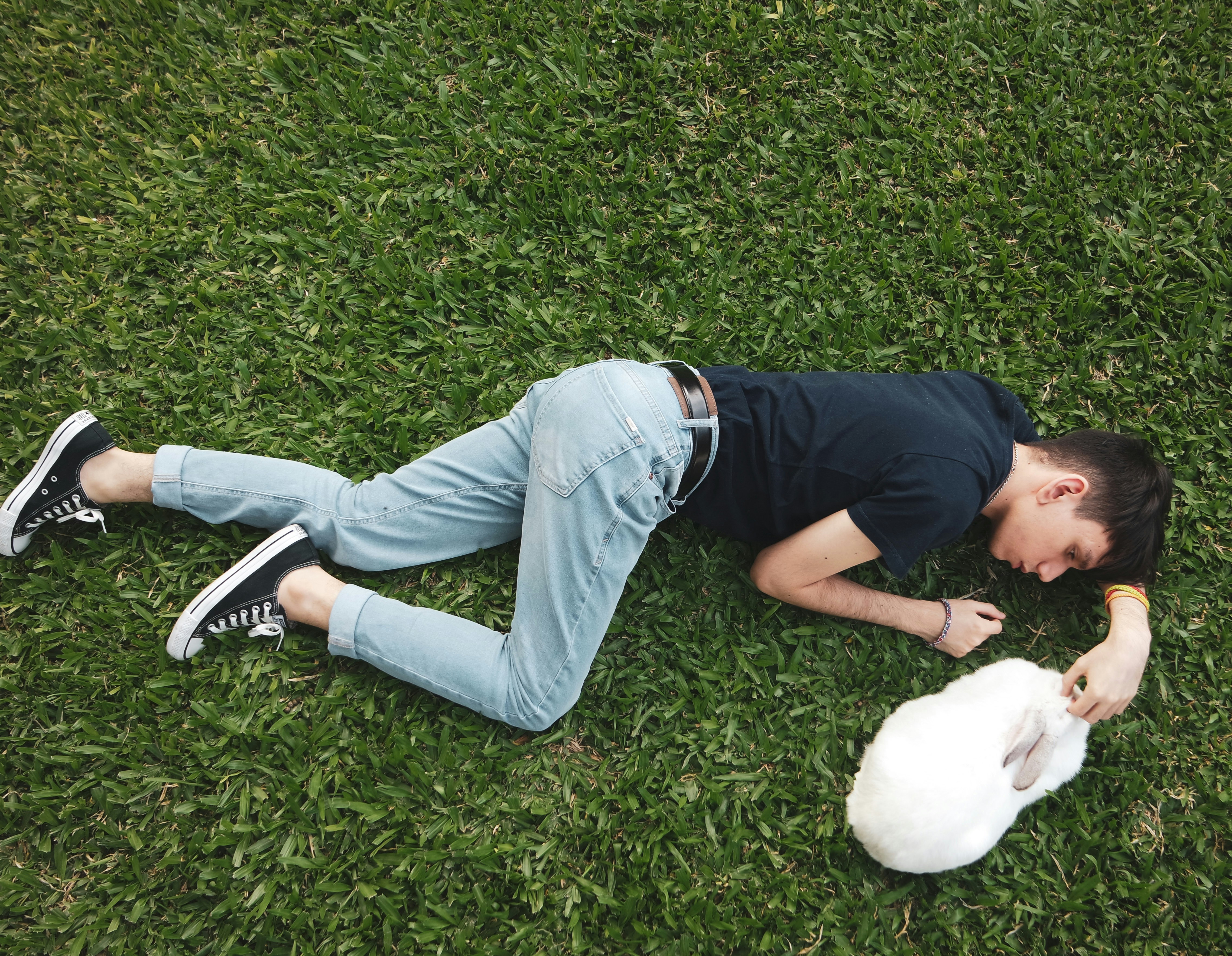 Person lying on green grass beside a white rabbit, both appearing relaxed.