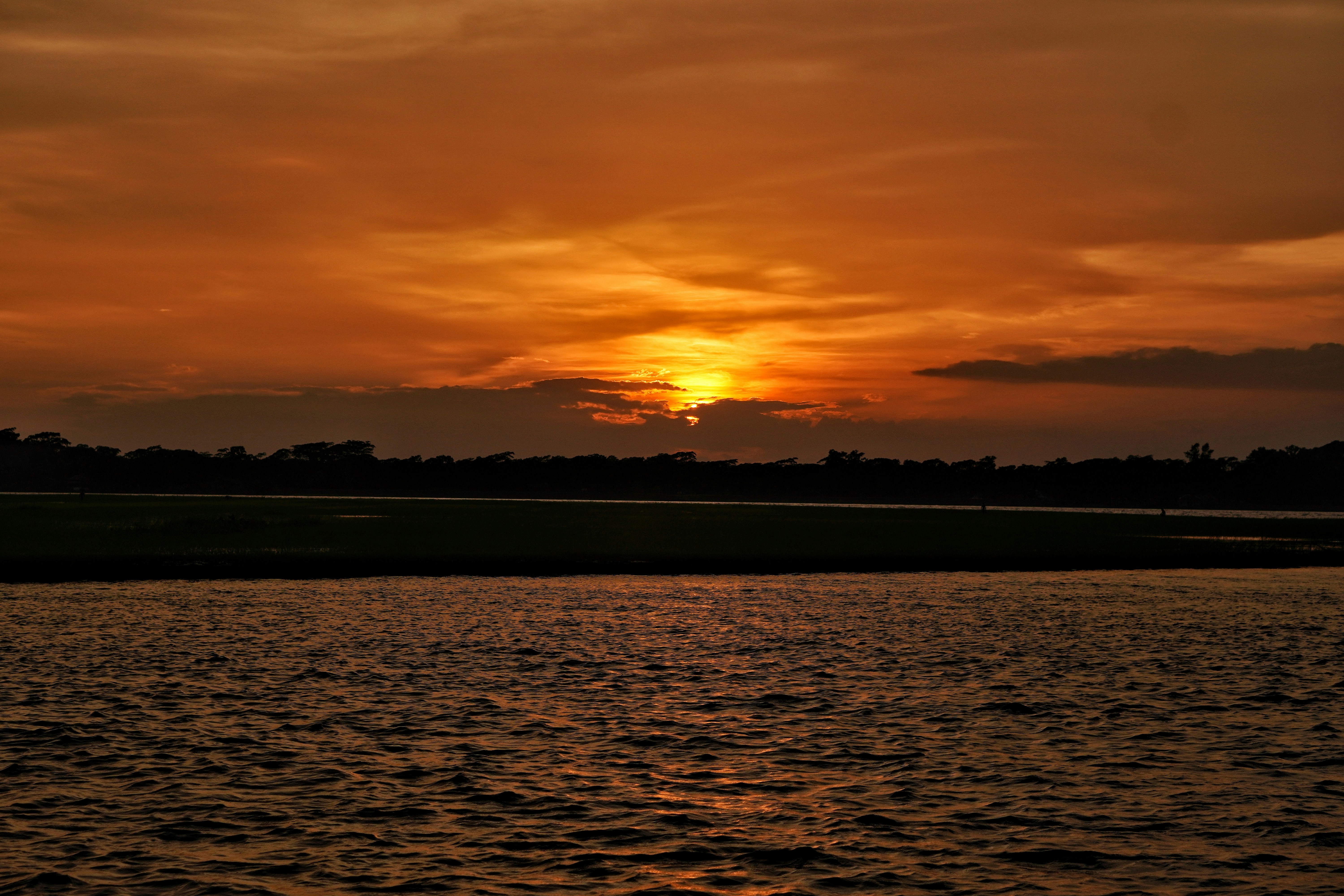 Golden sunset reflecting on calm waters, with silhouettes of distant trees against the horizon. 
