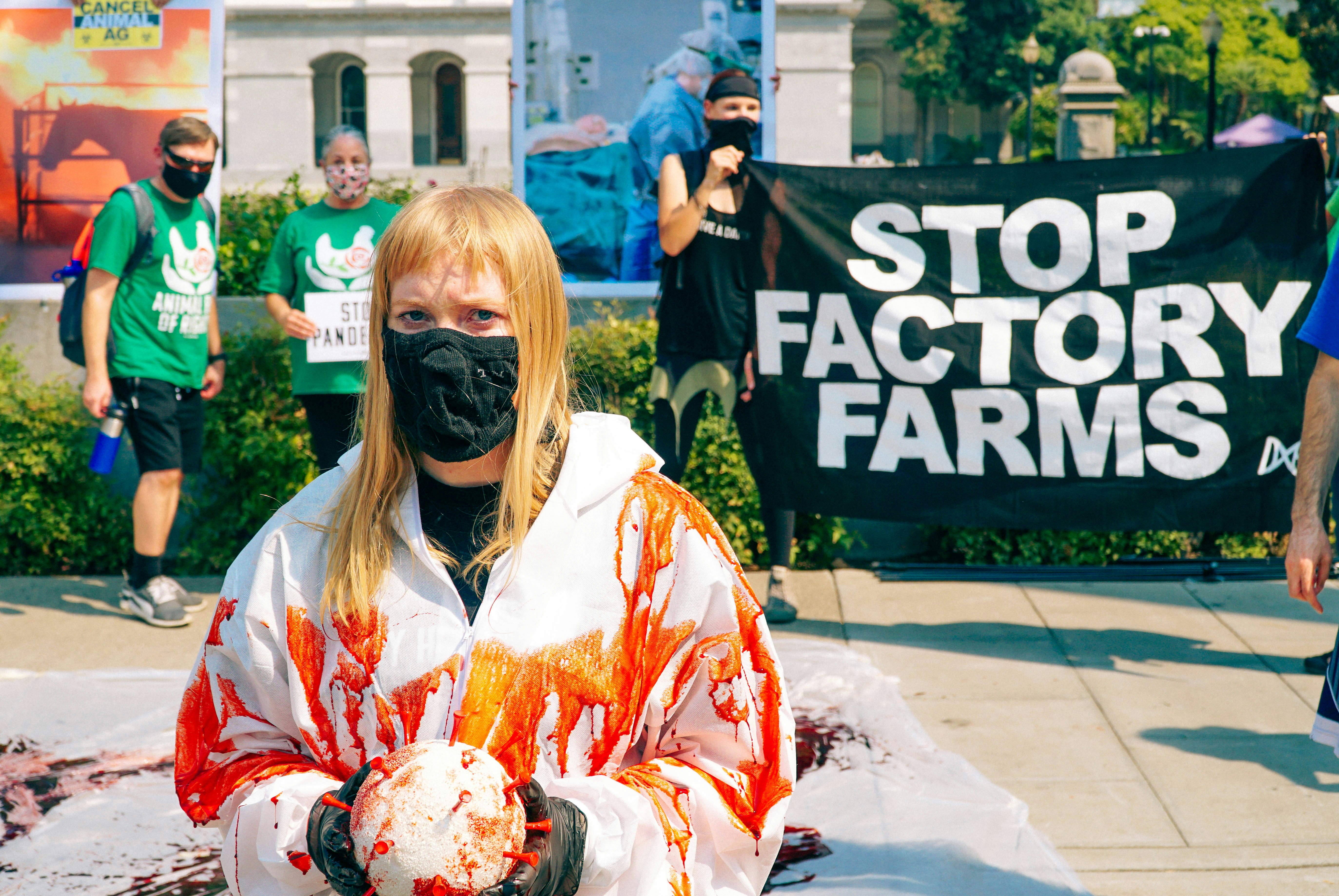 Masked Activist in Paint-Splattered Jacket Stands Before the Stop Factory Farms Banner