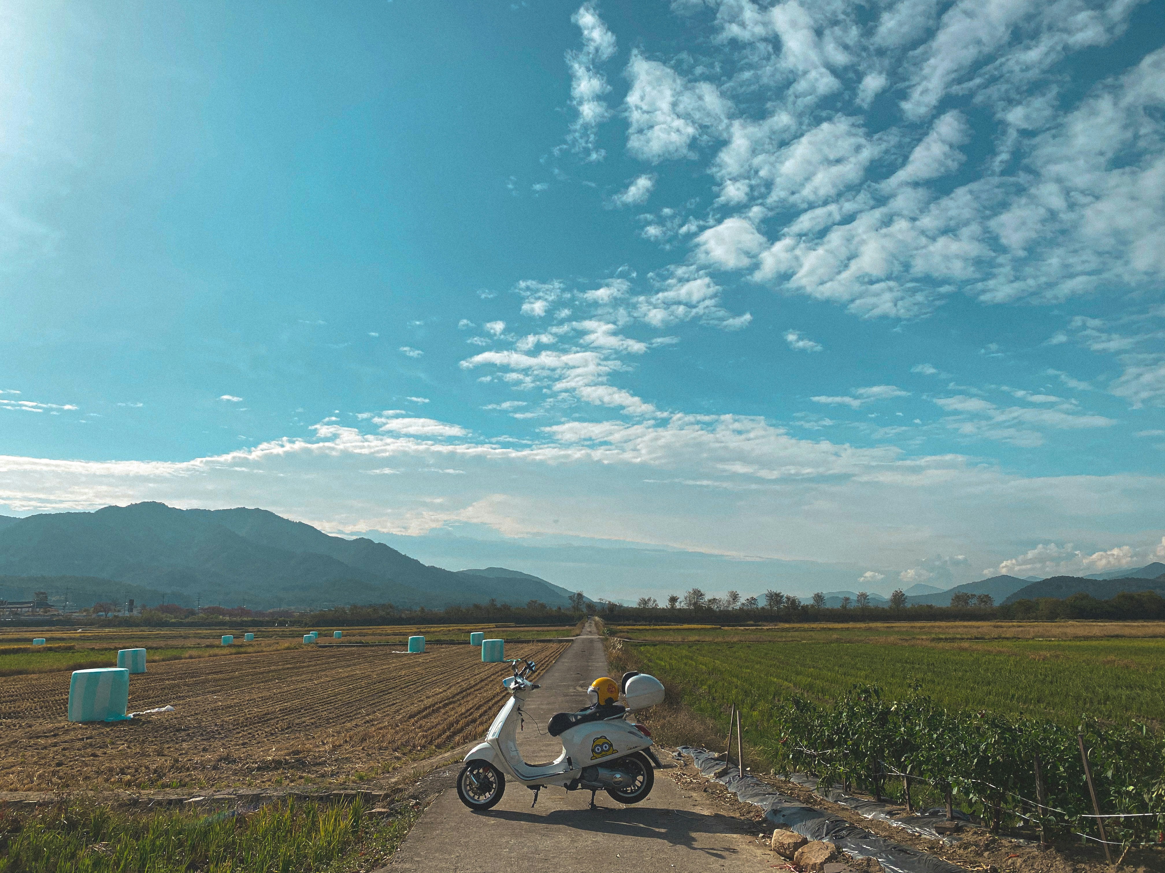 White Vespa Meets the Open Field Under a Cerulean Sky