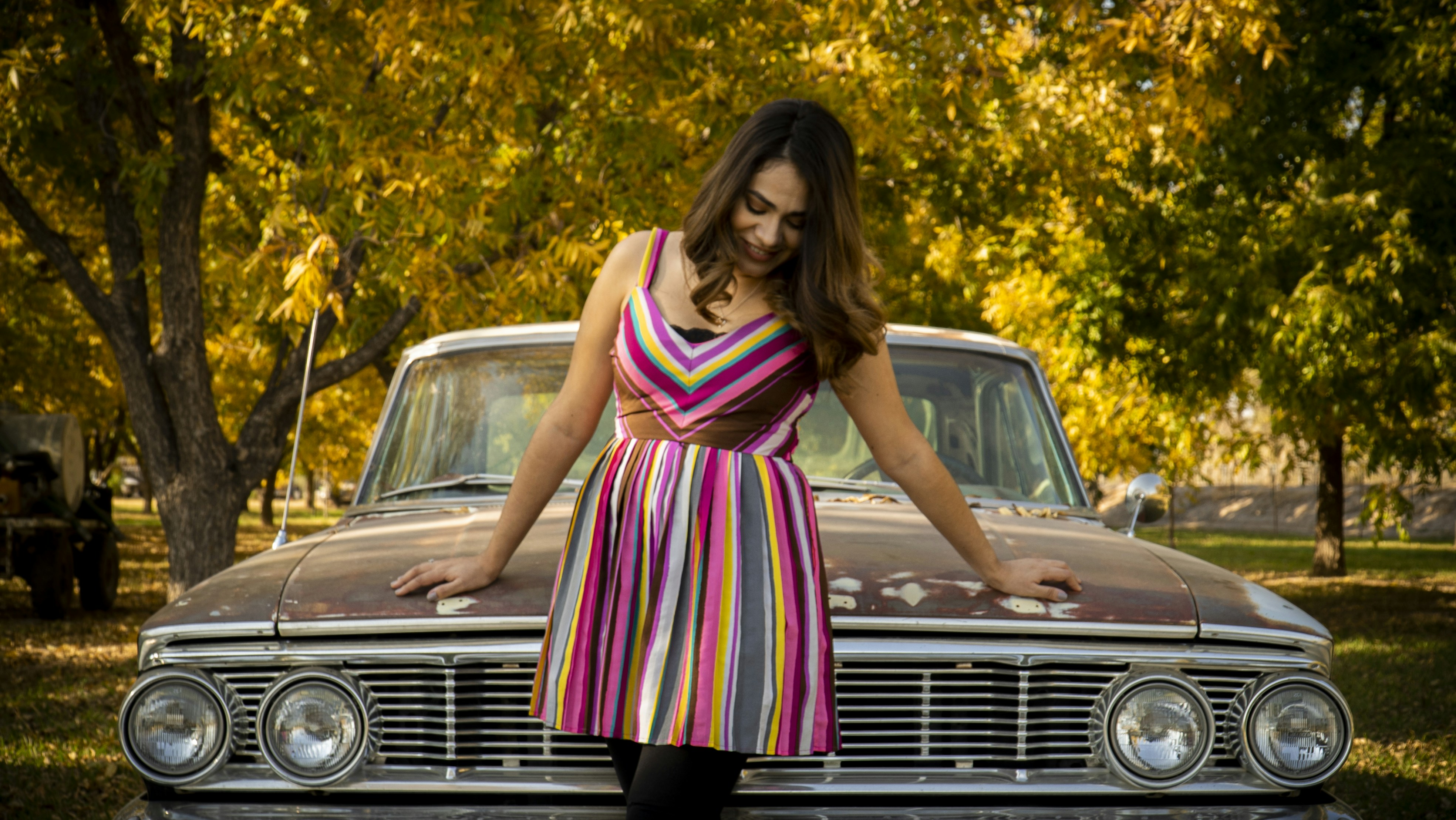 Stripes and Chrome: A Portrait by the Car
