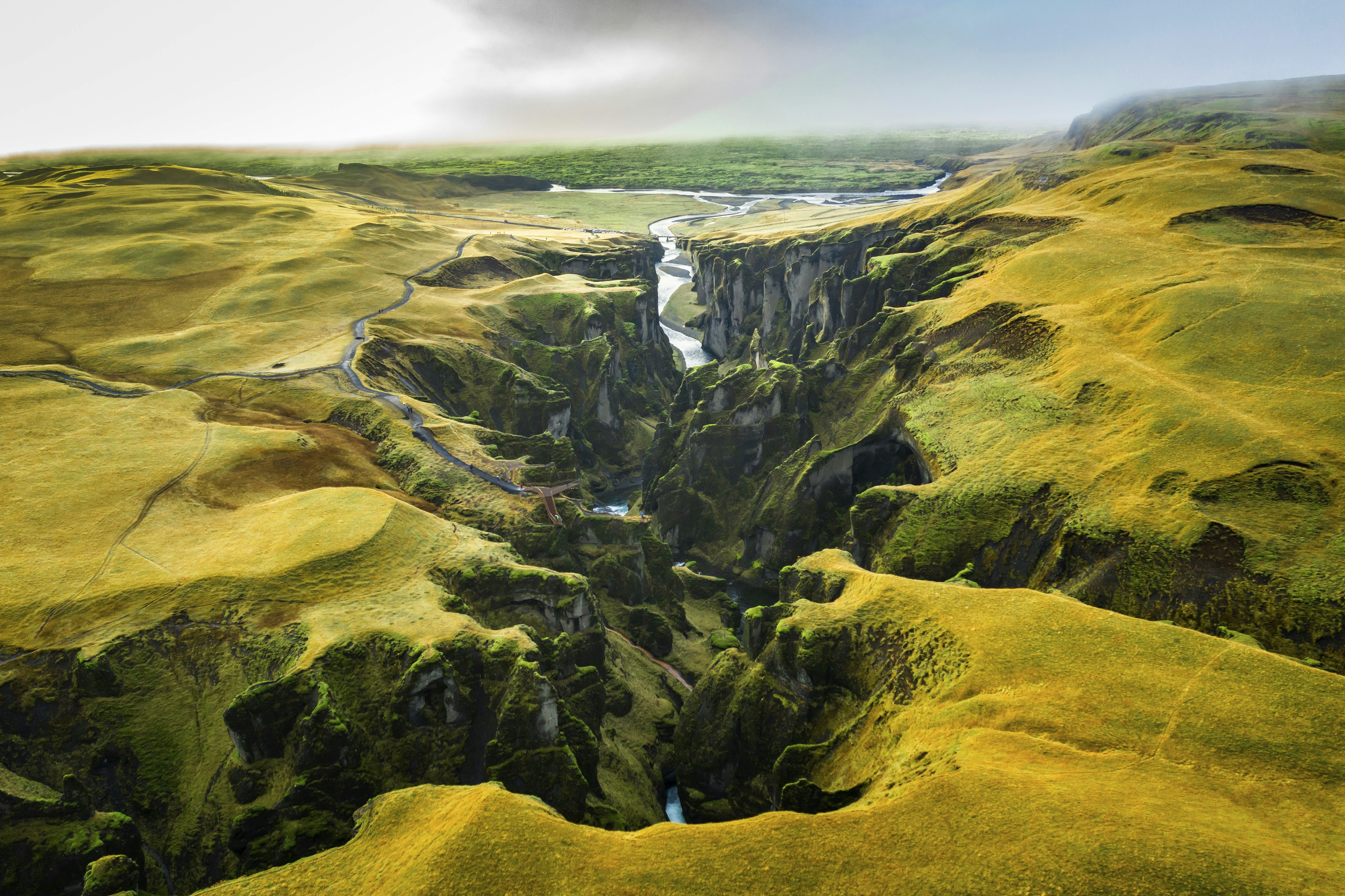 Verdant Rift: Aerial Portrait of an Icelandic Winding Gorge