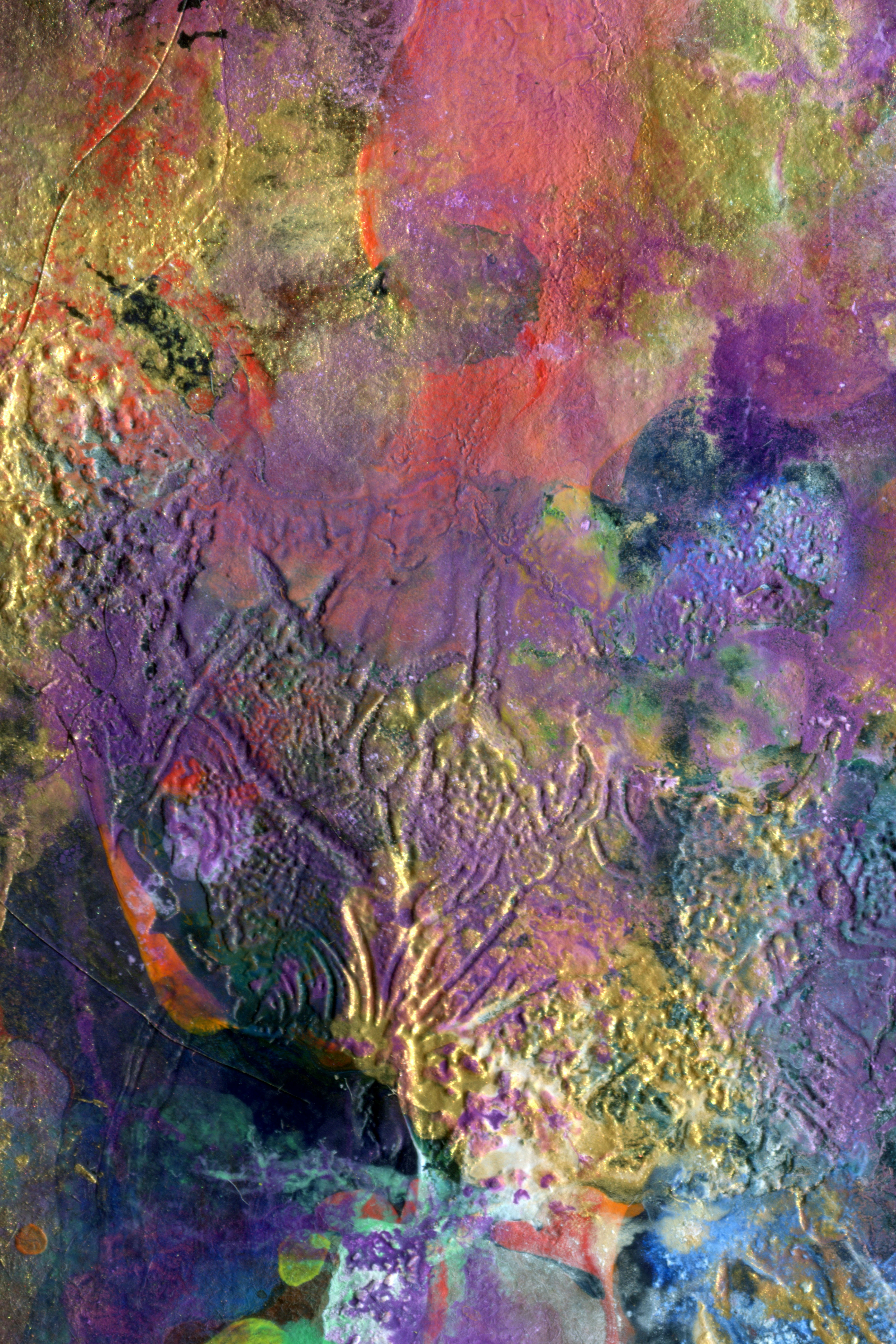 Vivid abstract composition featuring a blend of purple, gold, and other colors, showcasing intricate textures and patterns.