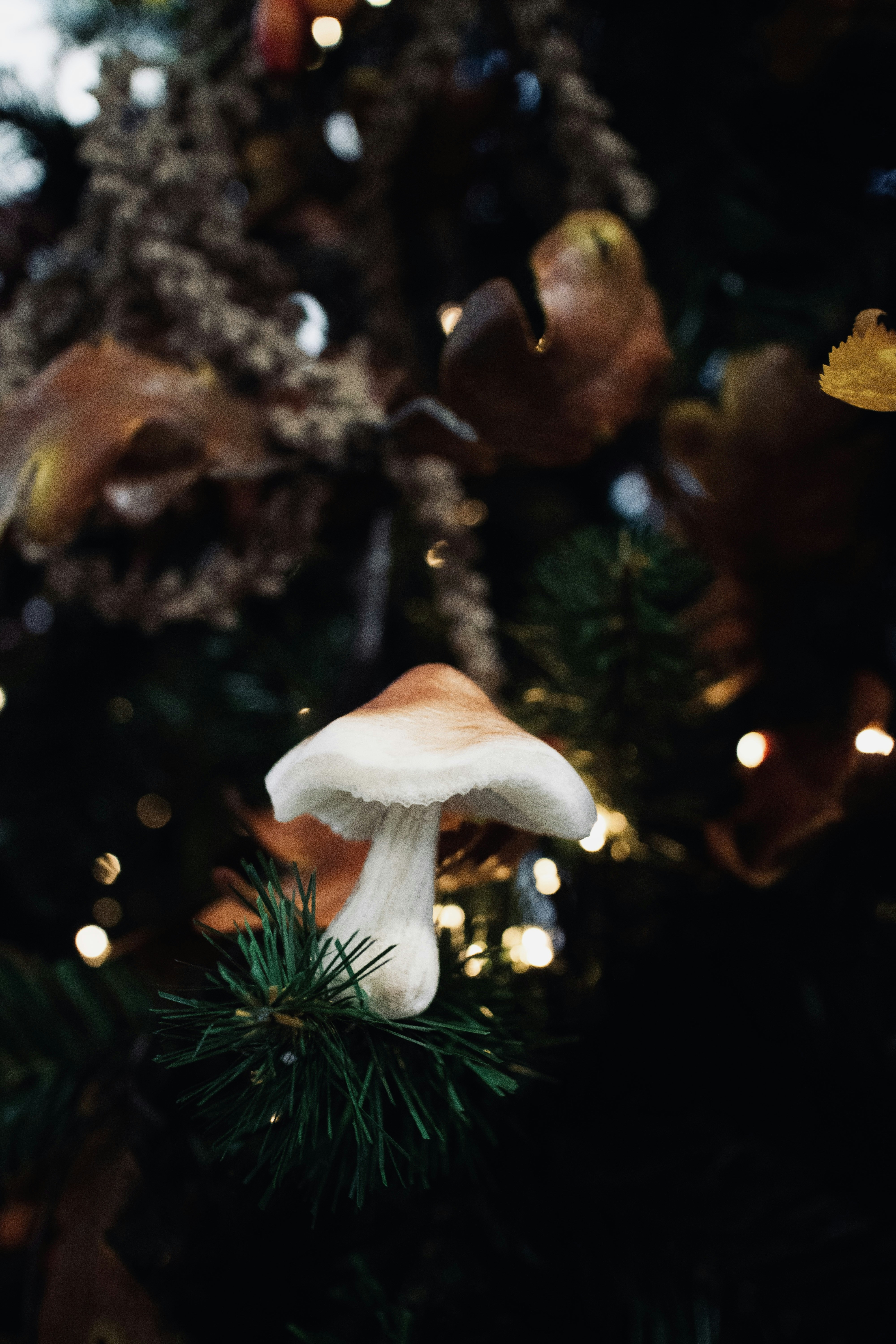Mushroom Ornament on Pine: Soft Glow and Tiny Lights