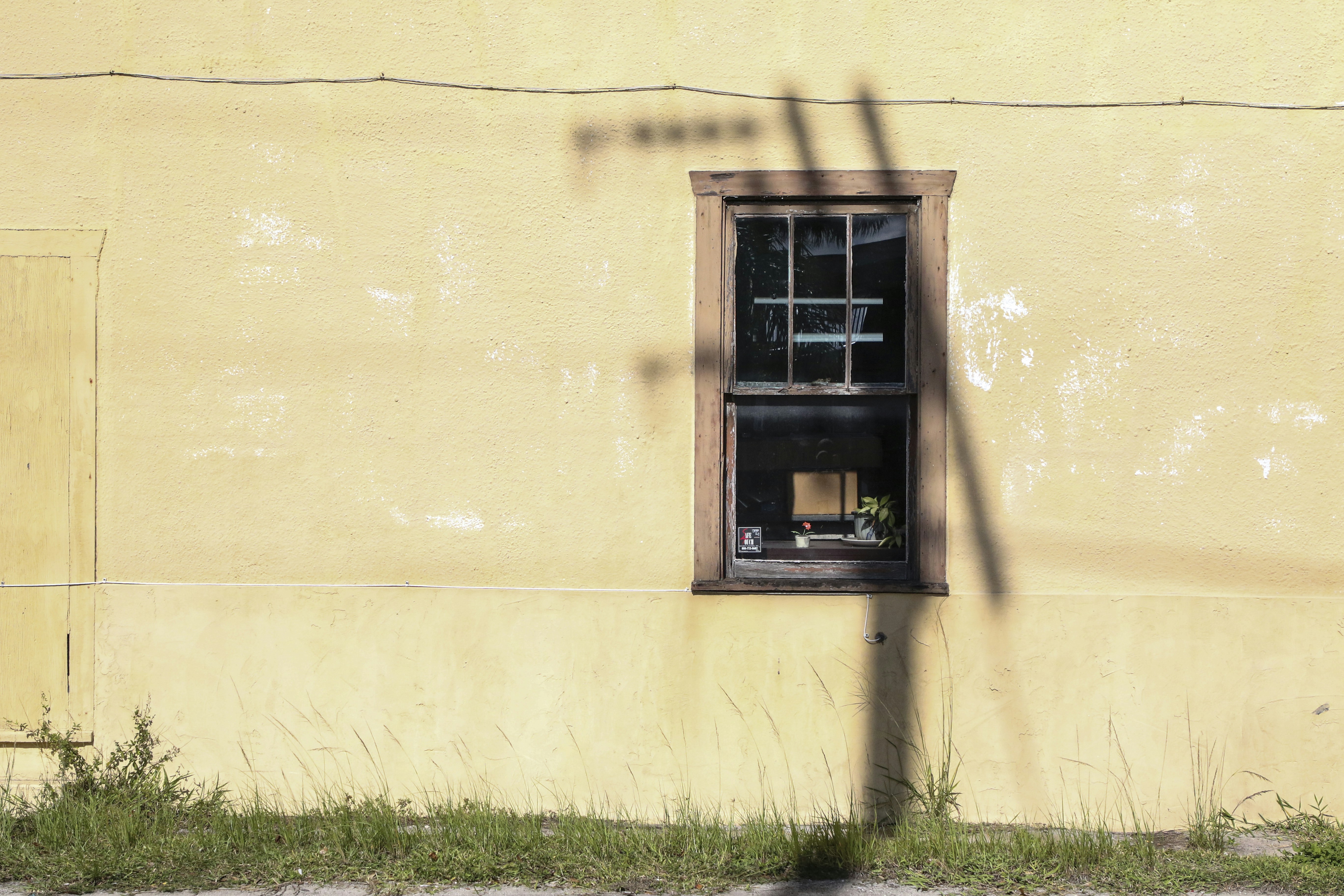 A weathered window framed by a yellow wall, with a hint of greenery visible inside and a shadow cast by a nearby pole.
