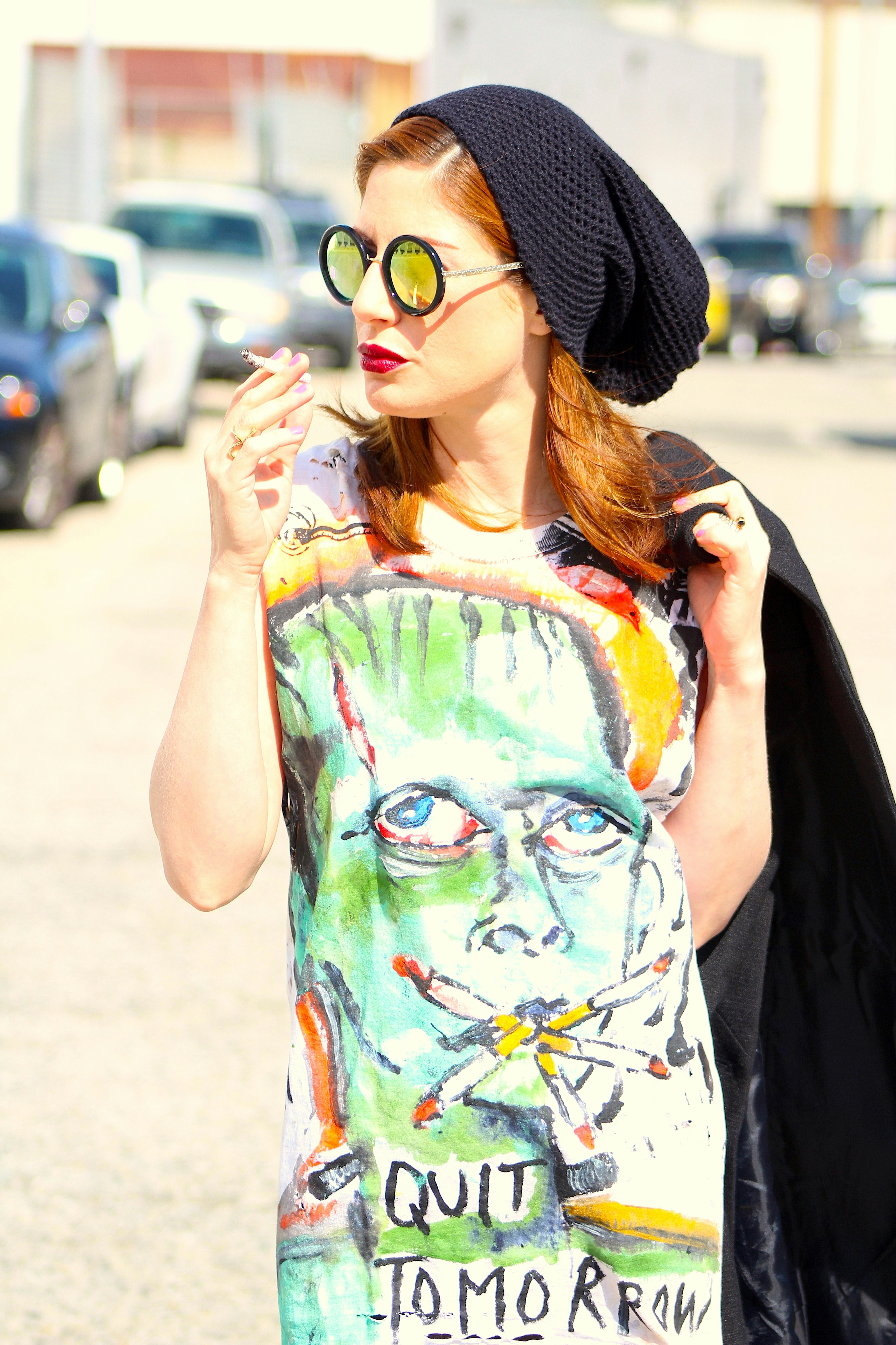 Sunny Street Muse in Graphic Tee and Black Beret