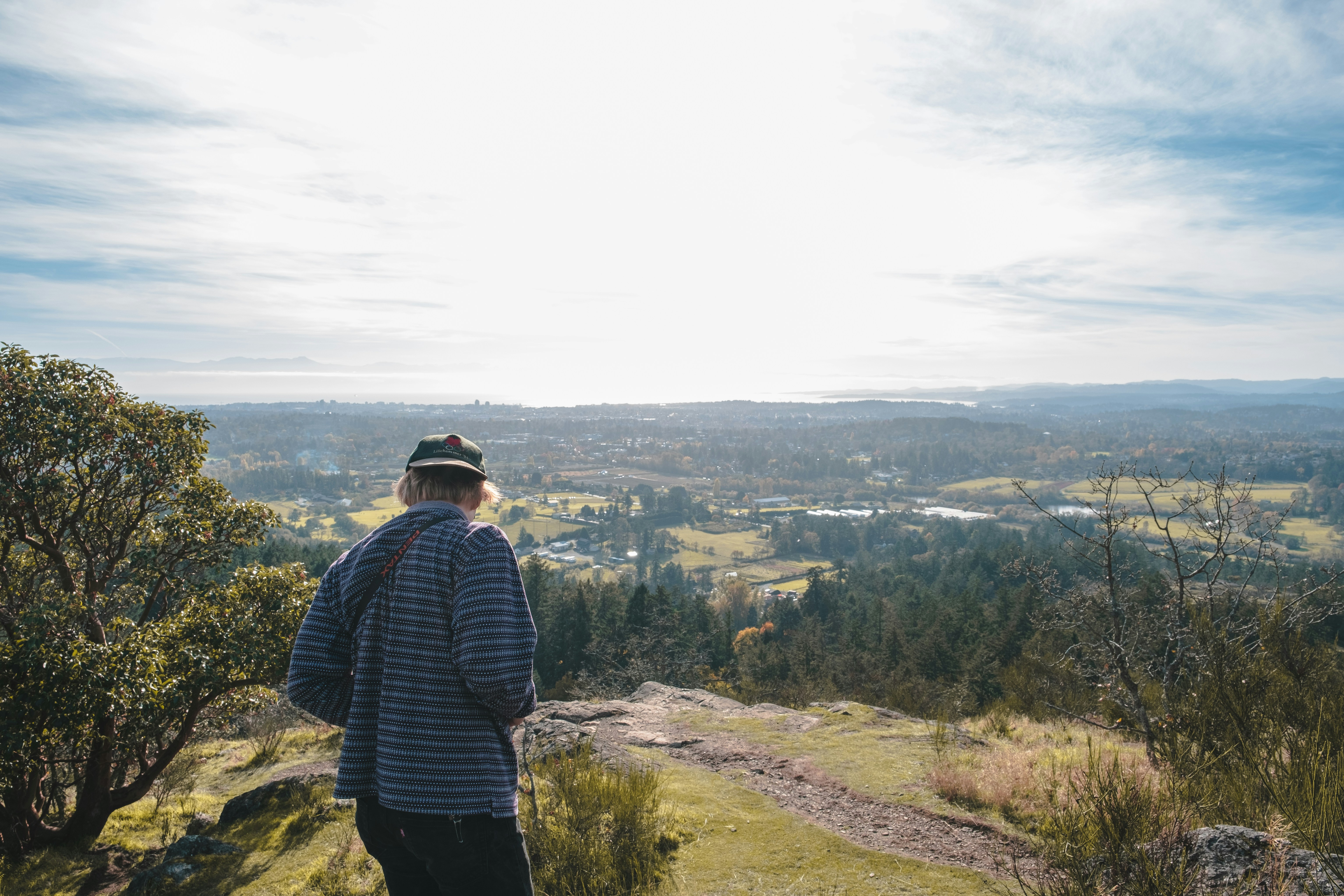 Stillness on the Ridge: A lone figure surveys a sunlit valley.