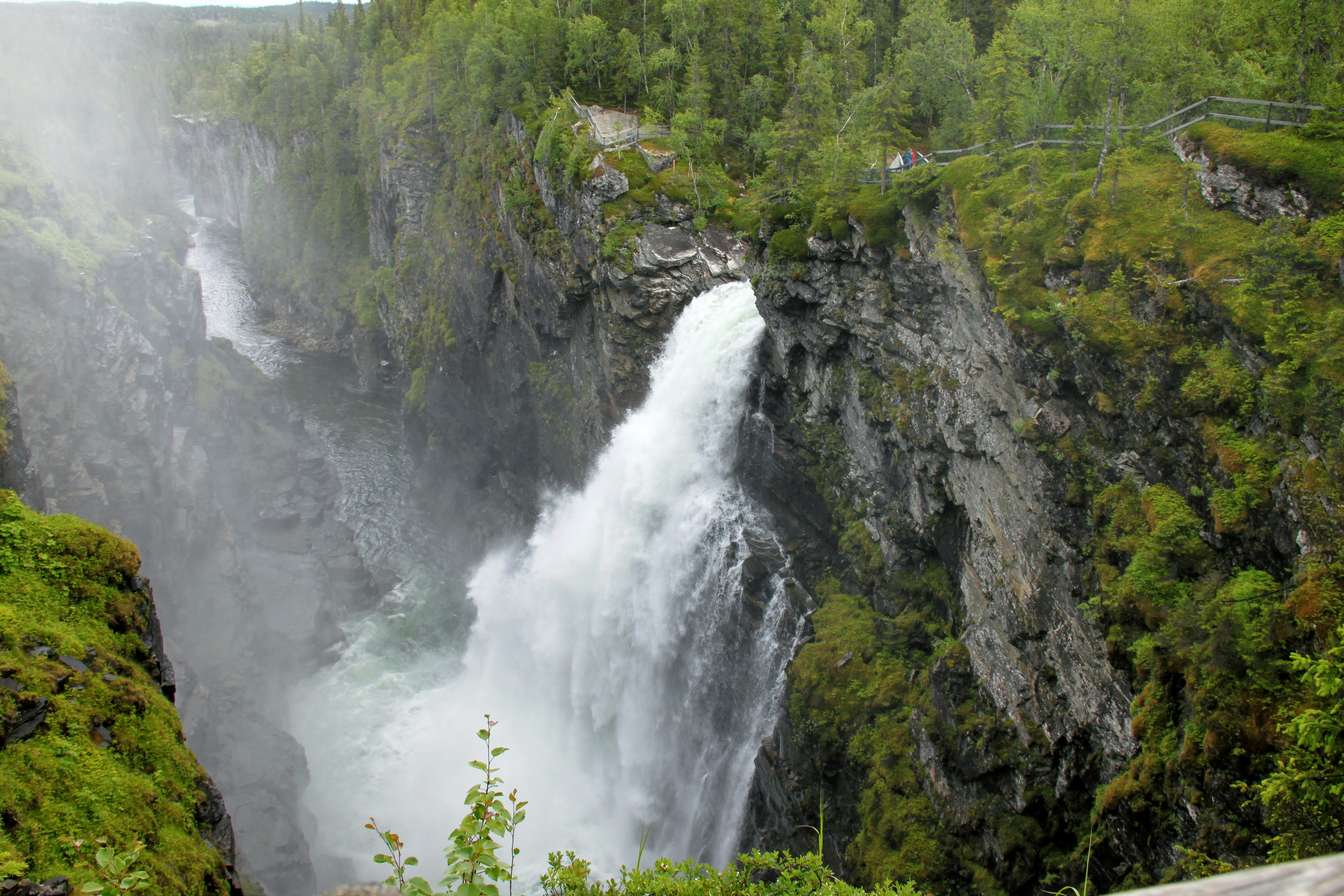 Majestic waterfall plunging into a rocky gorge, surrounded by lush greenery and mist. A pathway offers a glimpse of the natural wonder.