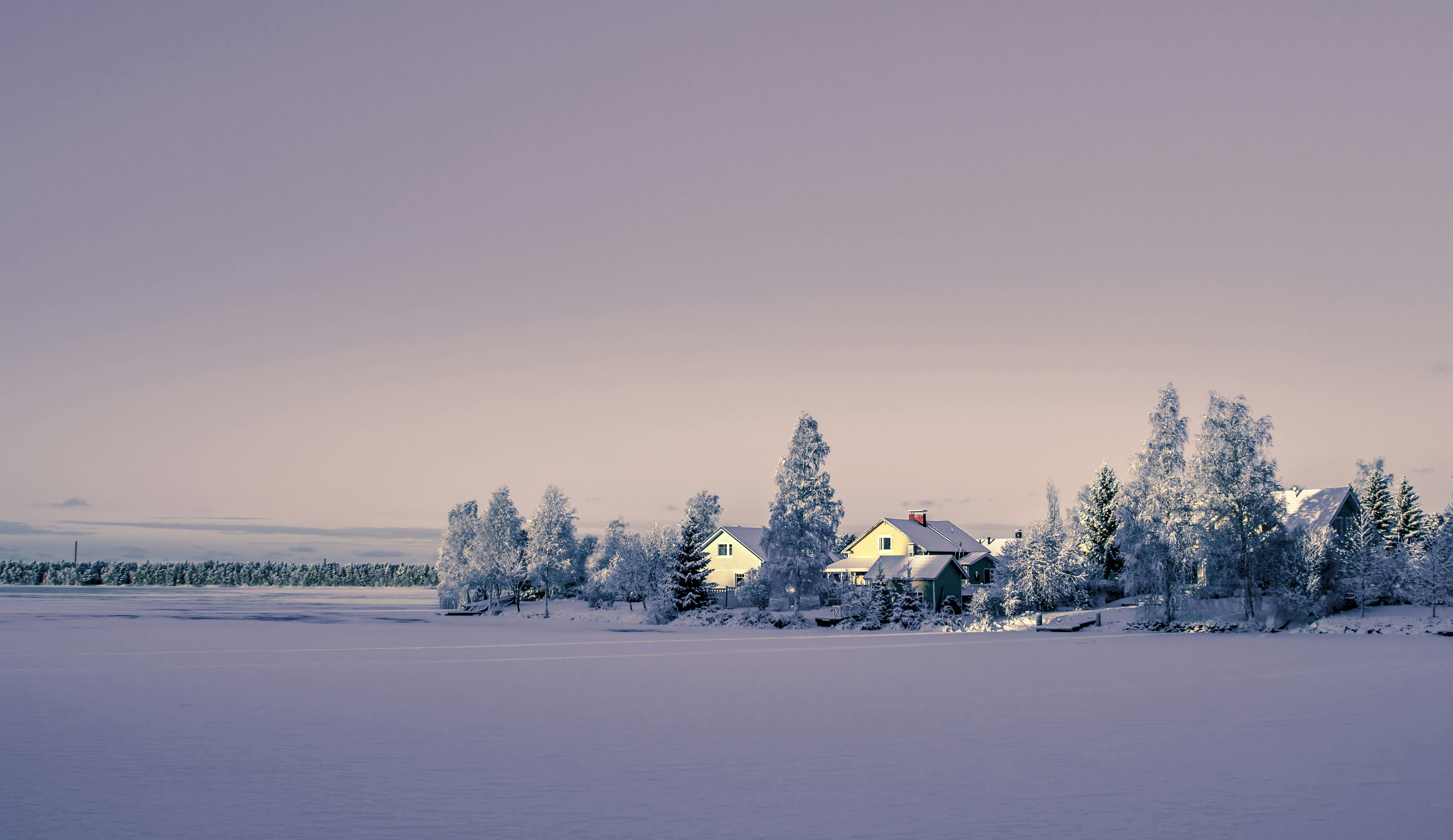 Pastel Twilight over a Snowbound Homestead
