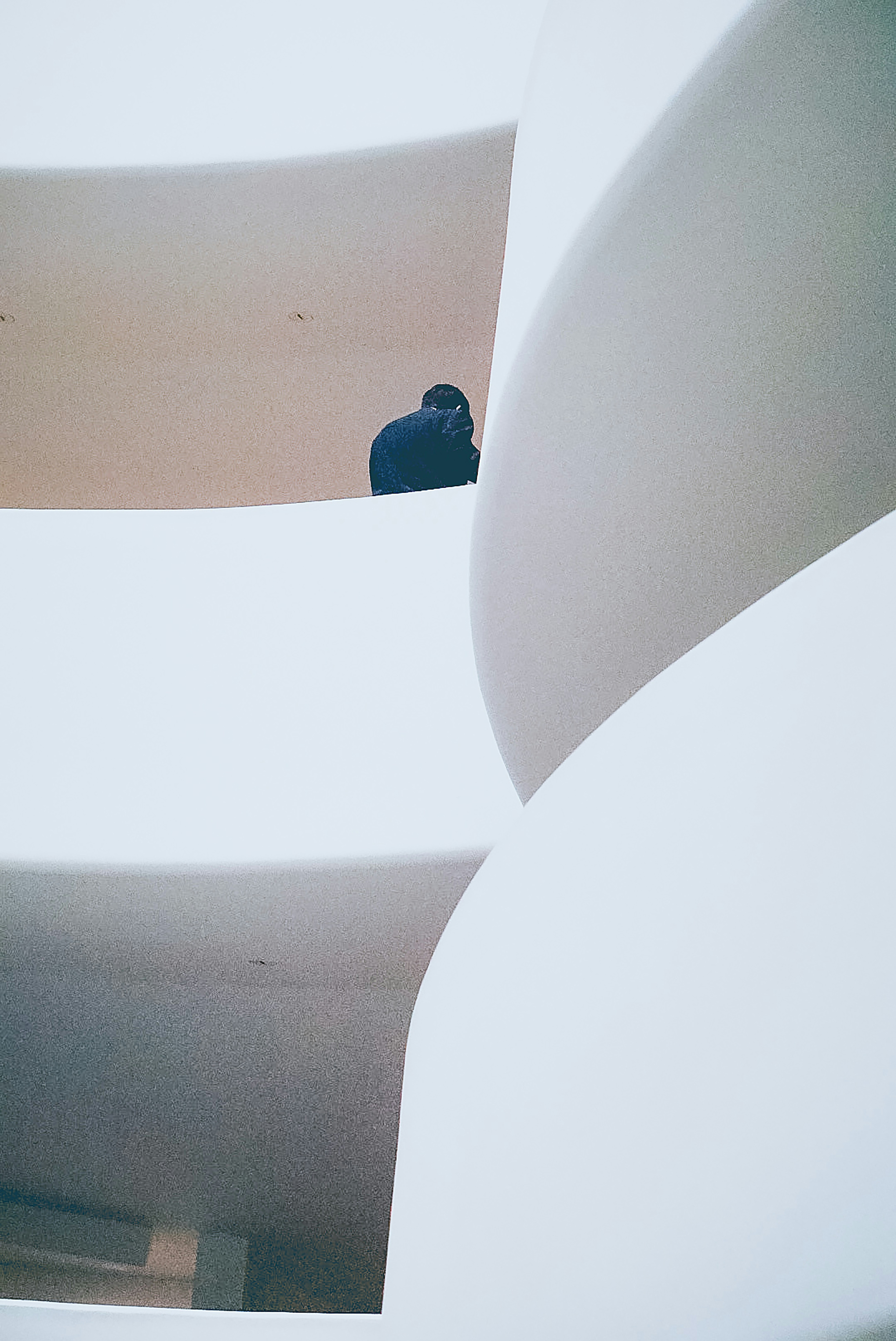 A figure stands alone on a curved balcony, surrounded by smooth white walls that create a sense of depth and space.