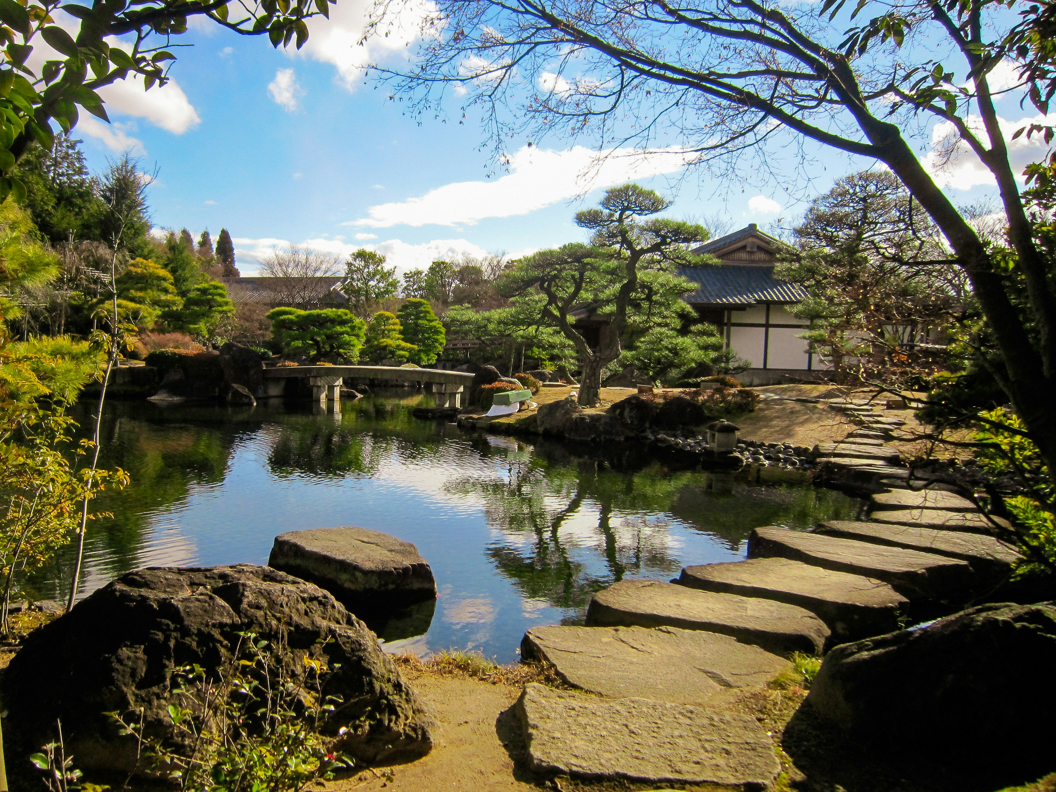 Tranquil Japanese garden featuring a pond surrounded by carefully arranged rocks and lush greenery, with a traditional building in the background.